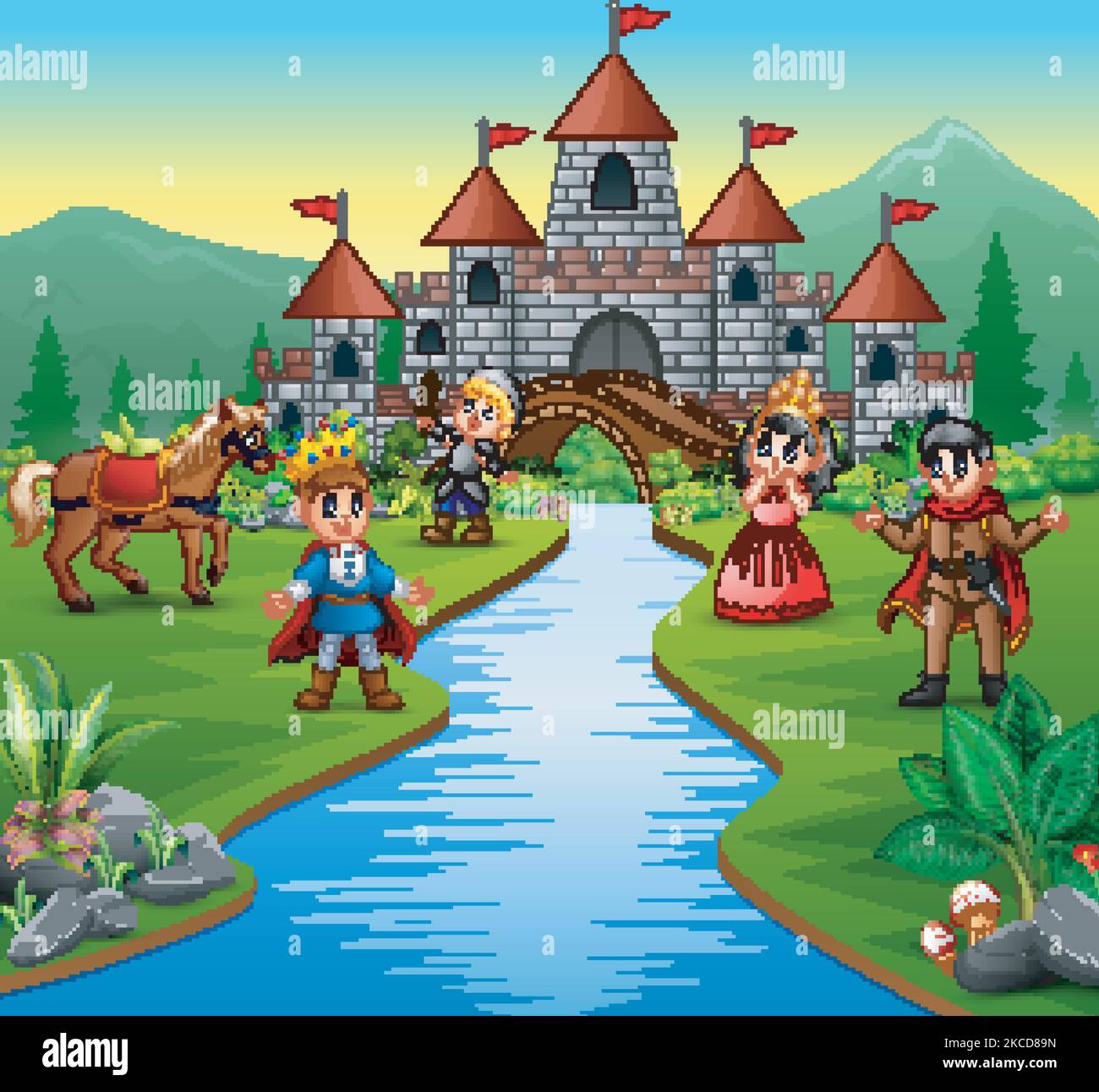 Knight with princess and prince in a castle landscape Stock Vector ...