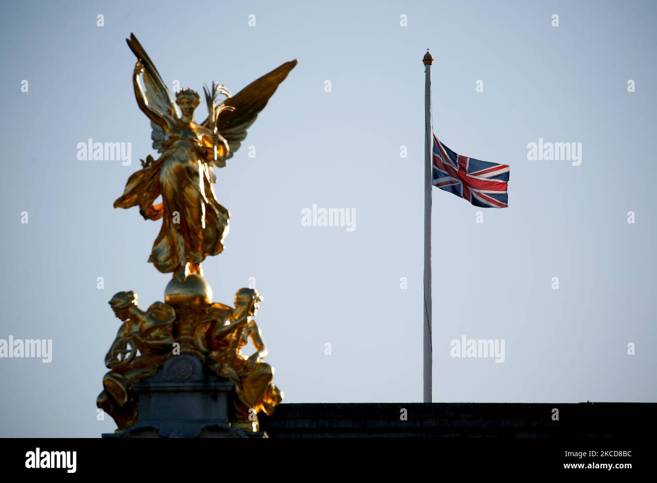 A Union flag flies at half-mast from the roof of Buckingham Palace, as ...