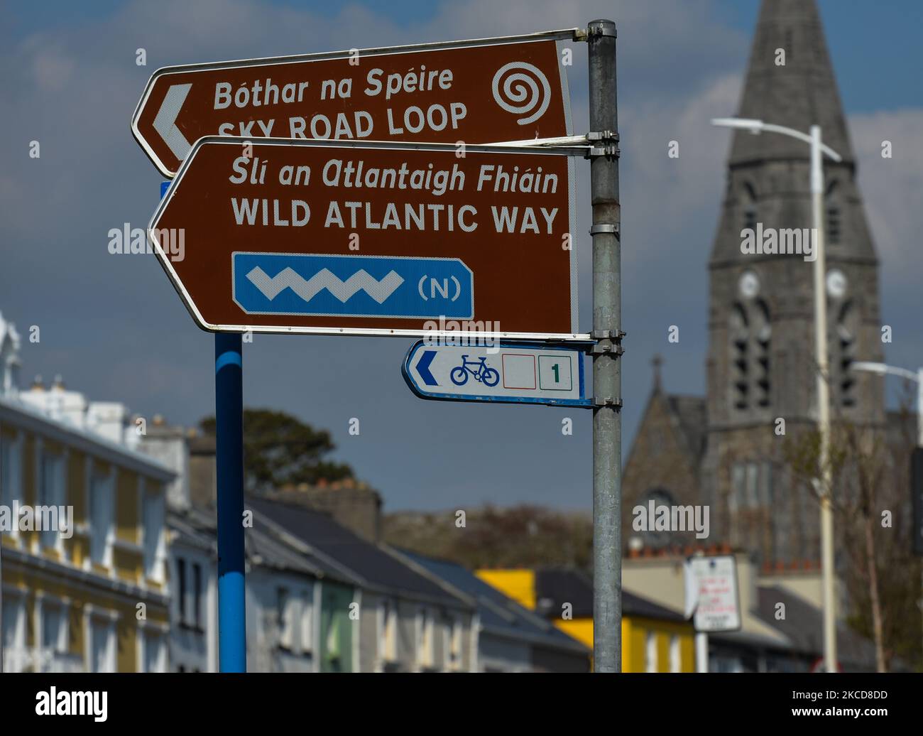 A view the Wild Atlantic Way road signs in Clifden, in County Galway ...