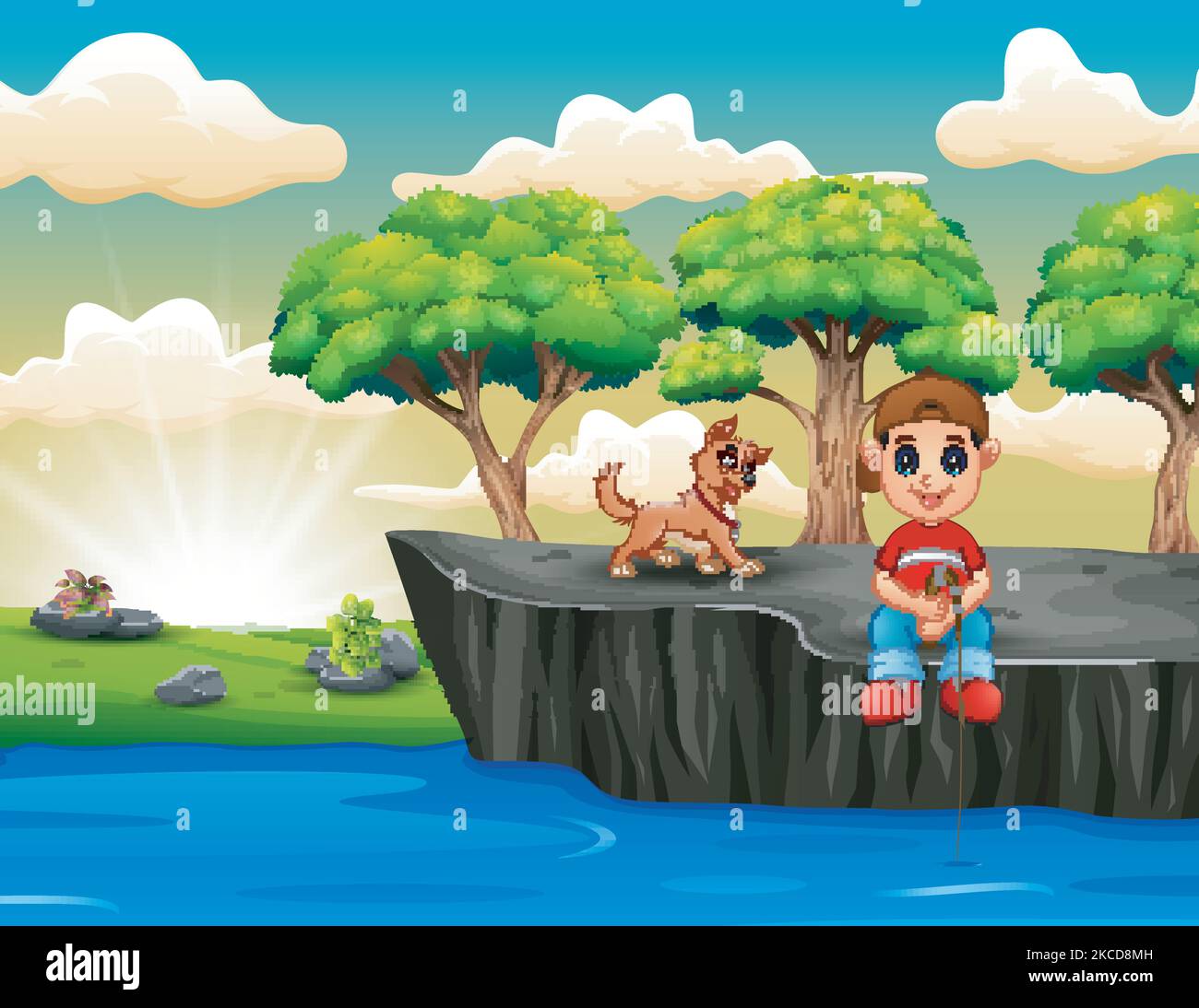 Boys sitting on rock river Stock Vector Images - Alamy