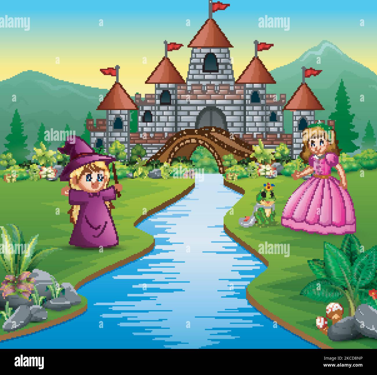Princess, little witch and a frog prince on the nature Stock Vector ...