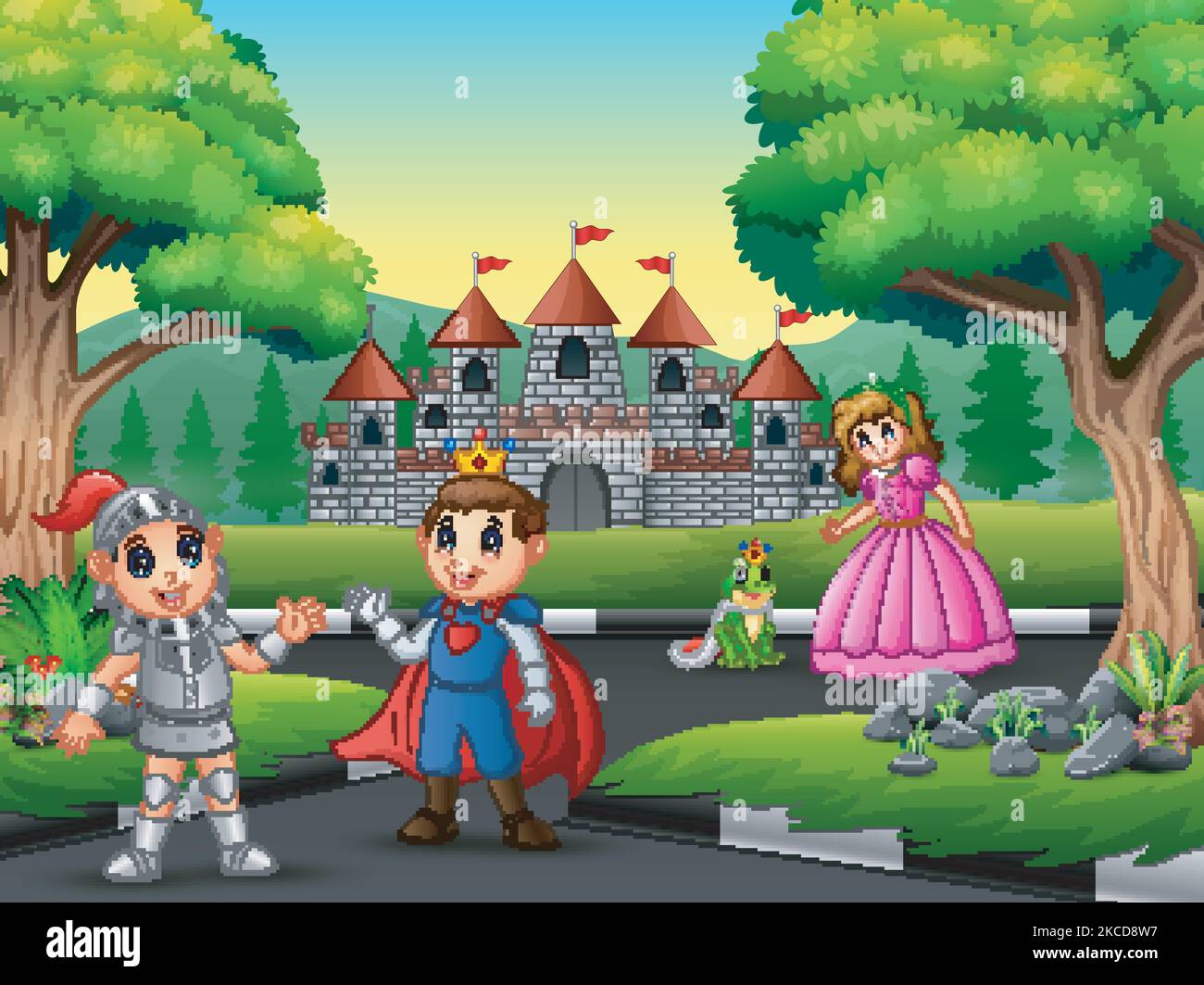 Knight with princess and prince couple in the castle yard Stock Vector ...