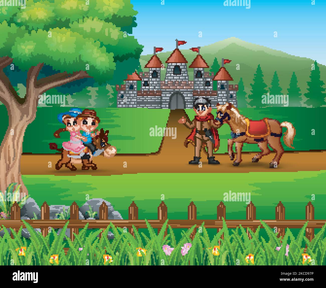 Happy prince with children riding a their horse on the road Stock ...