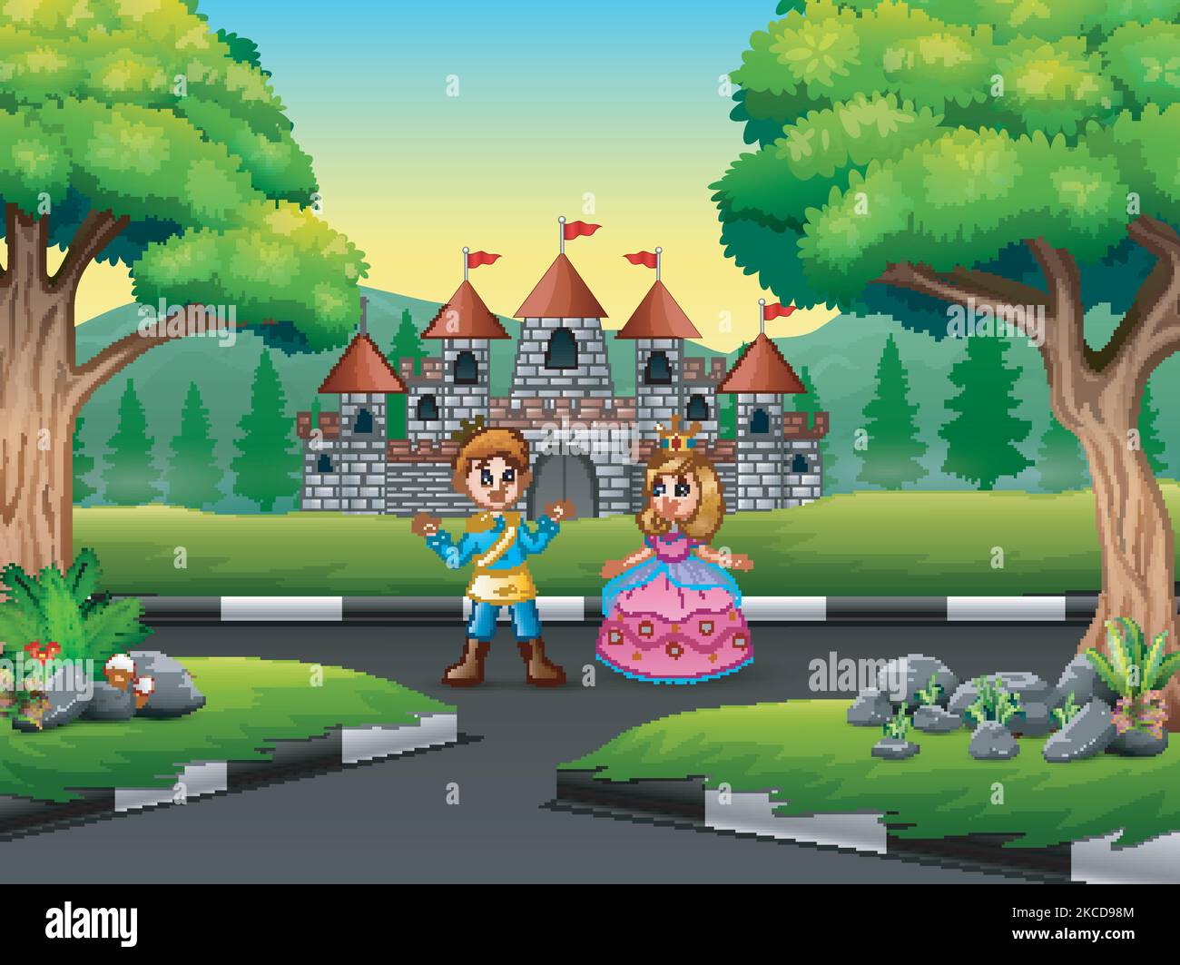 Happy prince and princess in a castle landscape Stock Vector Image ...