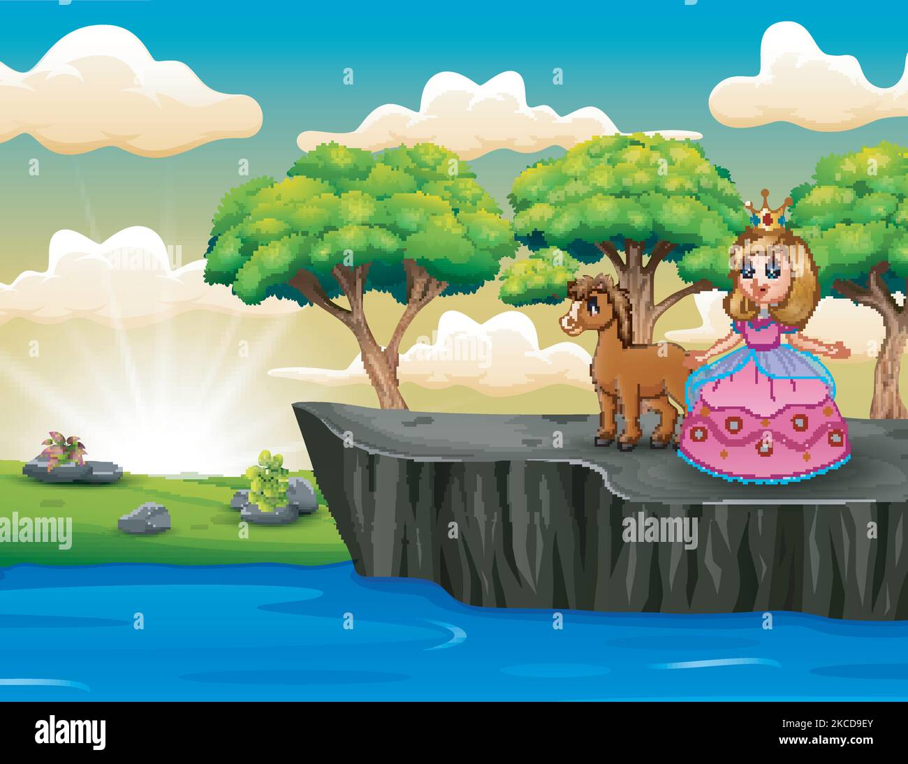 Beautiful princess with a horse standing on the cliff Stock Vector ...