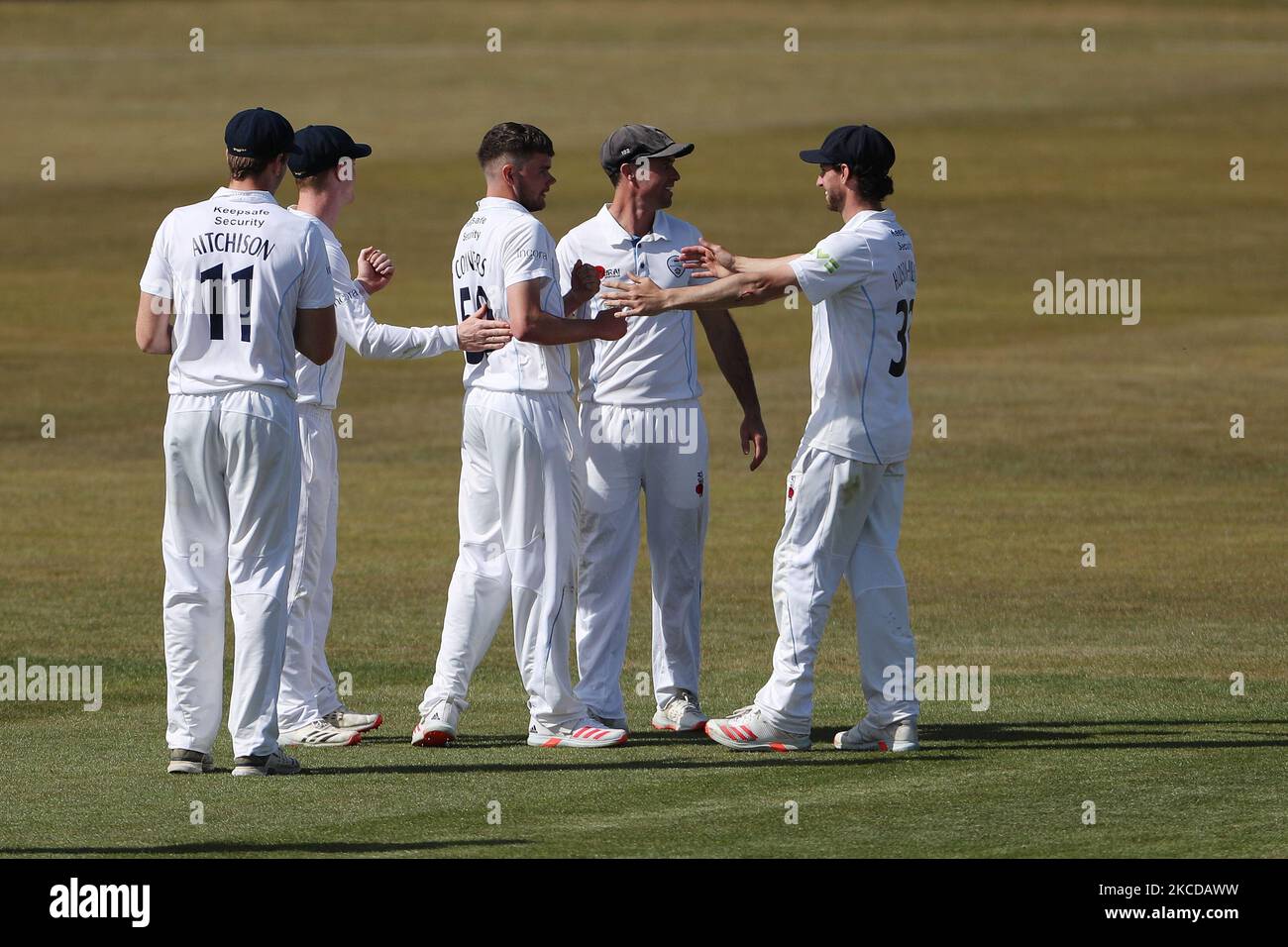 CHESTER LE STREET, UK. APRIL 23RD Derbyshire's Sam Conners celebrates ...