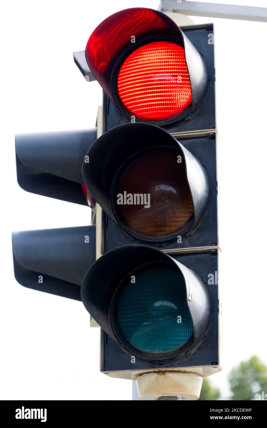 Close up of traffic light showing red light as concept for closure ...
