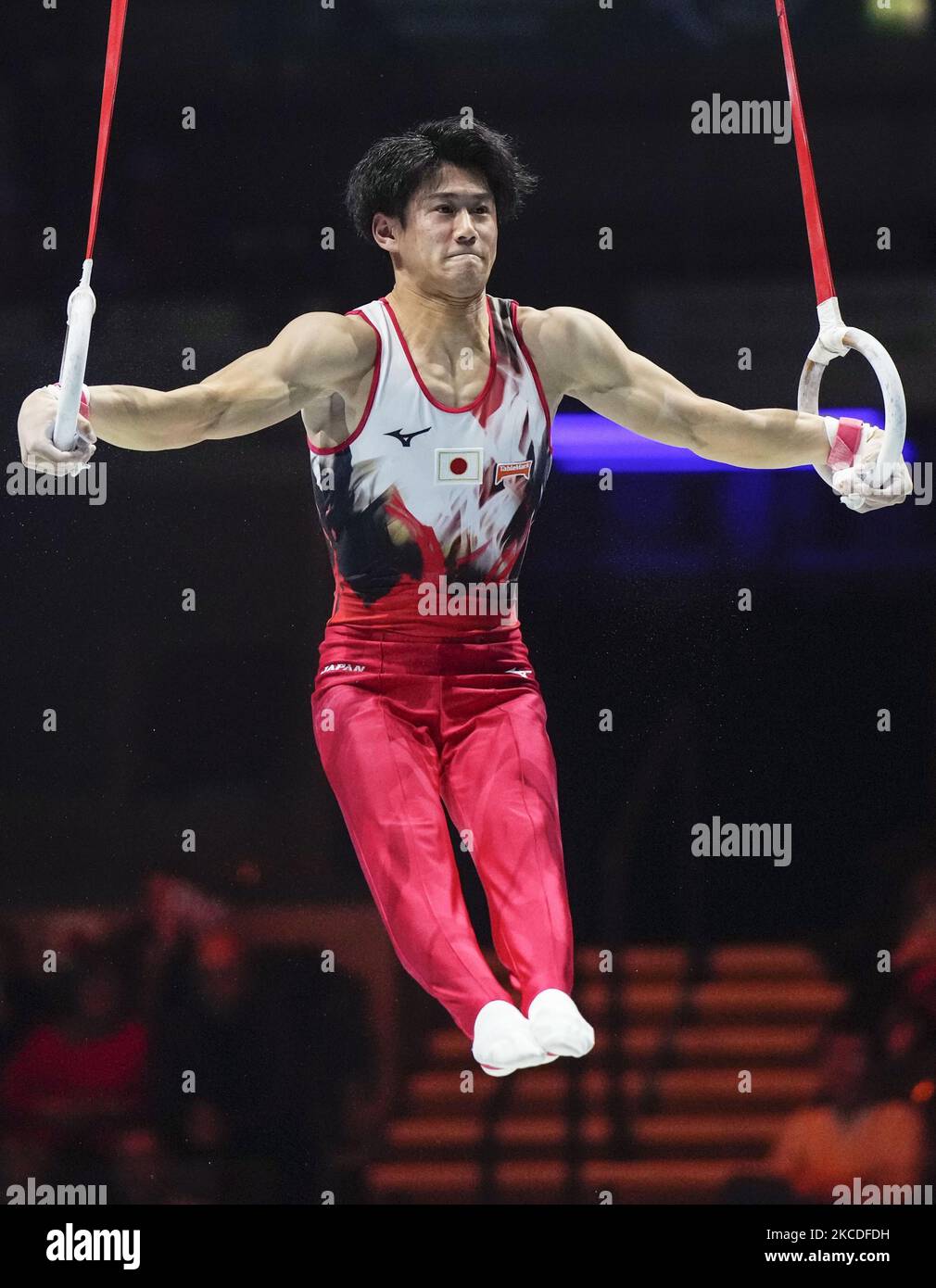 Daiki Hashimoto of Japan performs on the rings in the men's individual ...