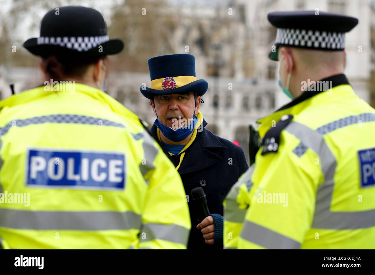 Longtime anti-Brexit activist Steve Bray speaks with police officers ...
