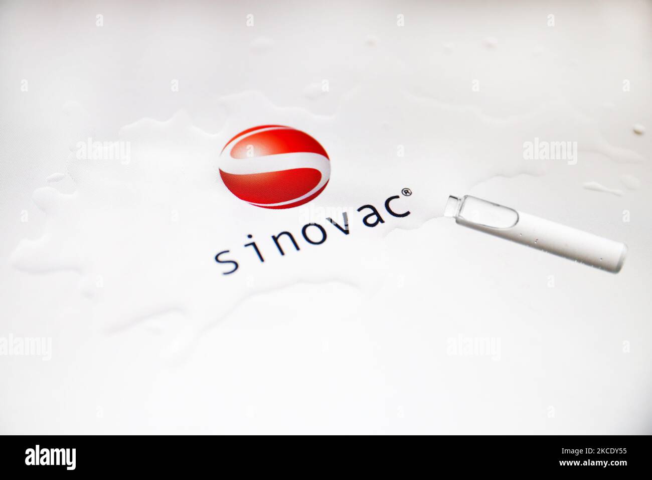 Sinovac vaccine manufacturer logo is photographed with a vial and ...