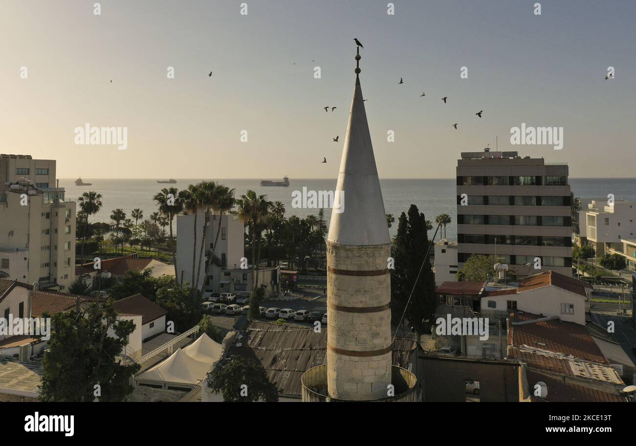 The crow sits on the minaret of the Grand Mosque of Limassol ...