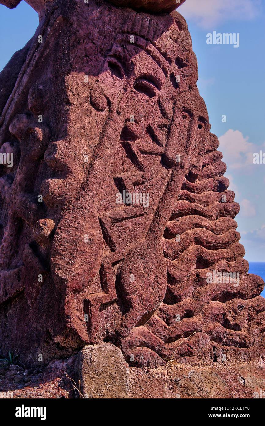 Rock carved with Rapa Nui traditional symbols in Easter Island, Chile ...