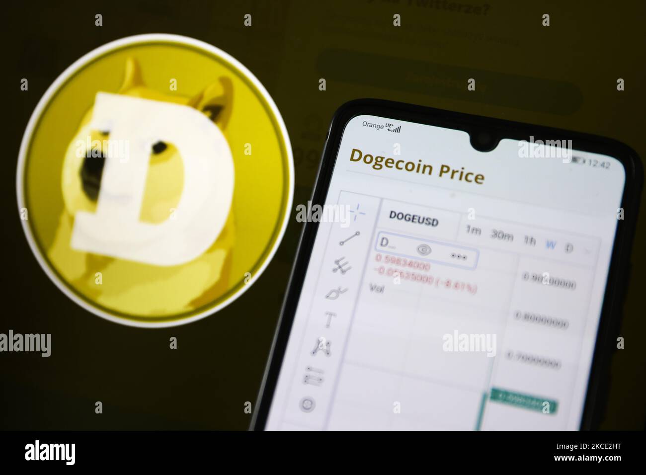 Dogecoin price is displayed on a mobile phone screen photographed for ...