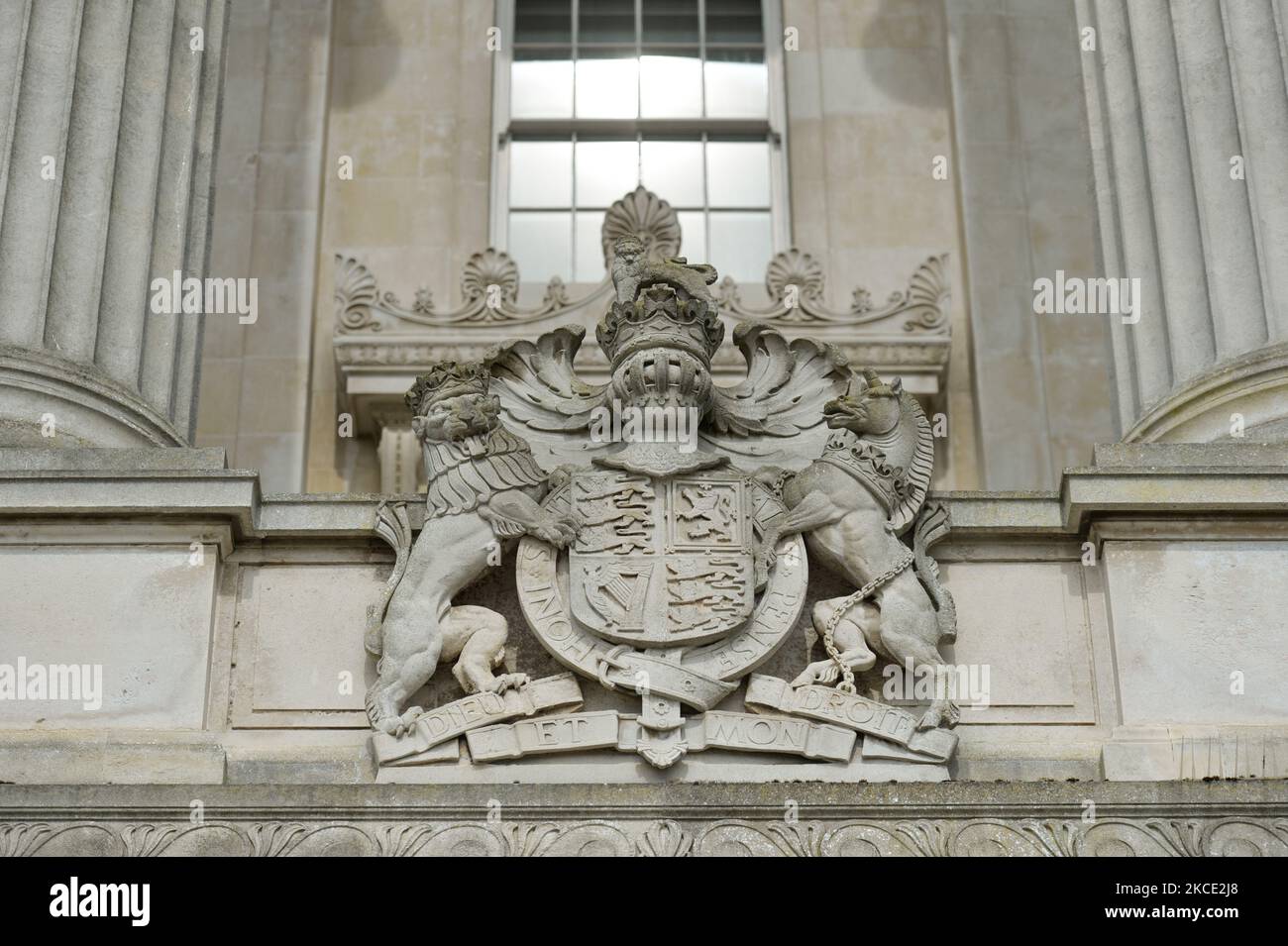 Royal Coat of Arms above the door of Parliament Buildings, Stormont ...