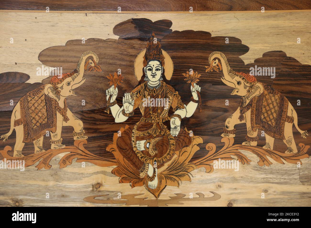 Wooden panel with the image of the Hindu Goddess Laxmi (Lakshmi ...