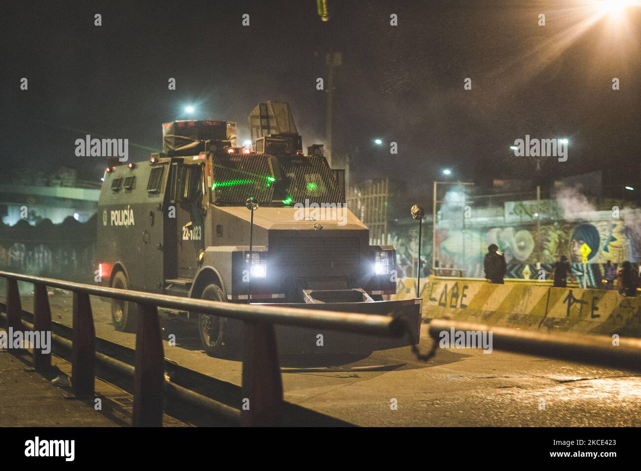 Colombian military armoured vehicle is seen during the national strike ...
