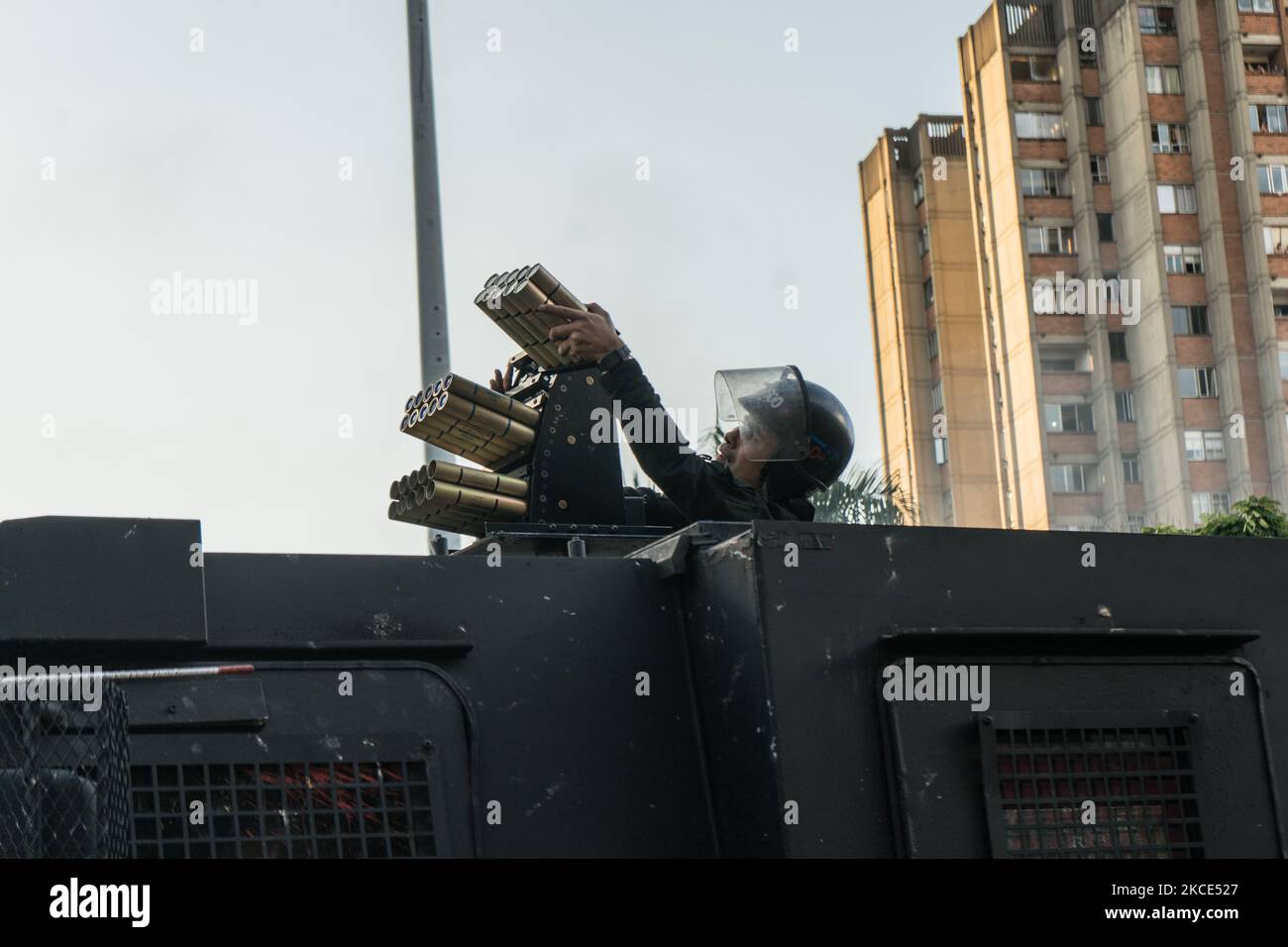 A colombian military vehicle is seen during a new day of protests, on ...