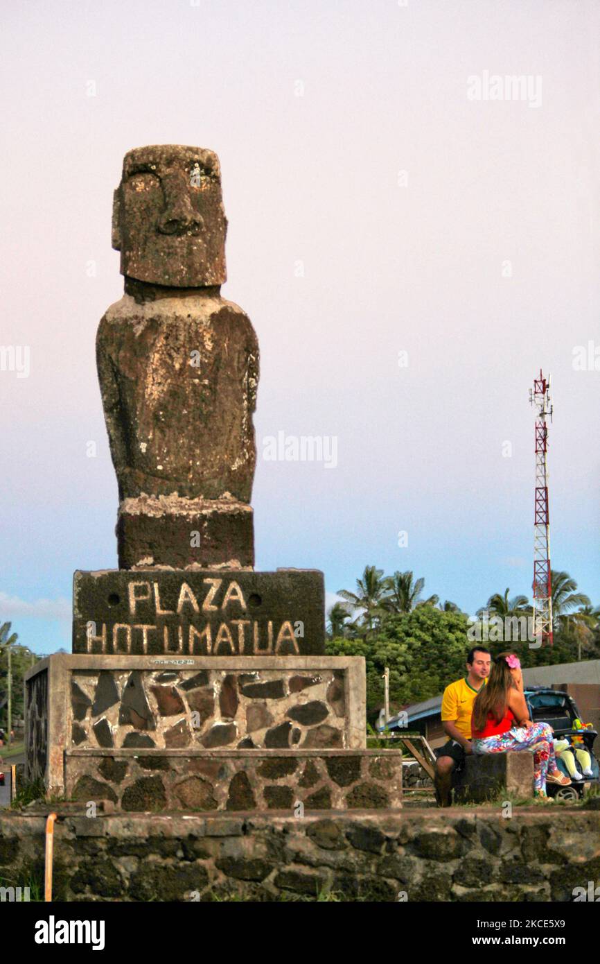 Moai statue at Plaza Hotumatua in the small town of Hanga Roa in Easter ...
