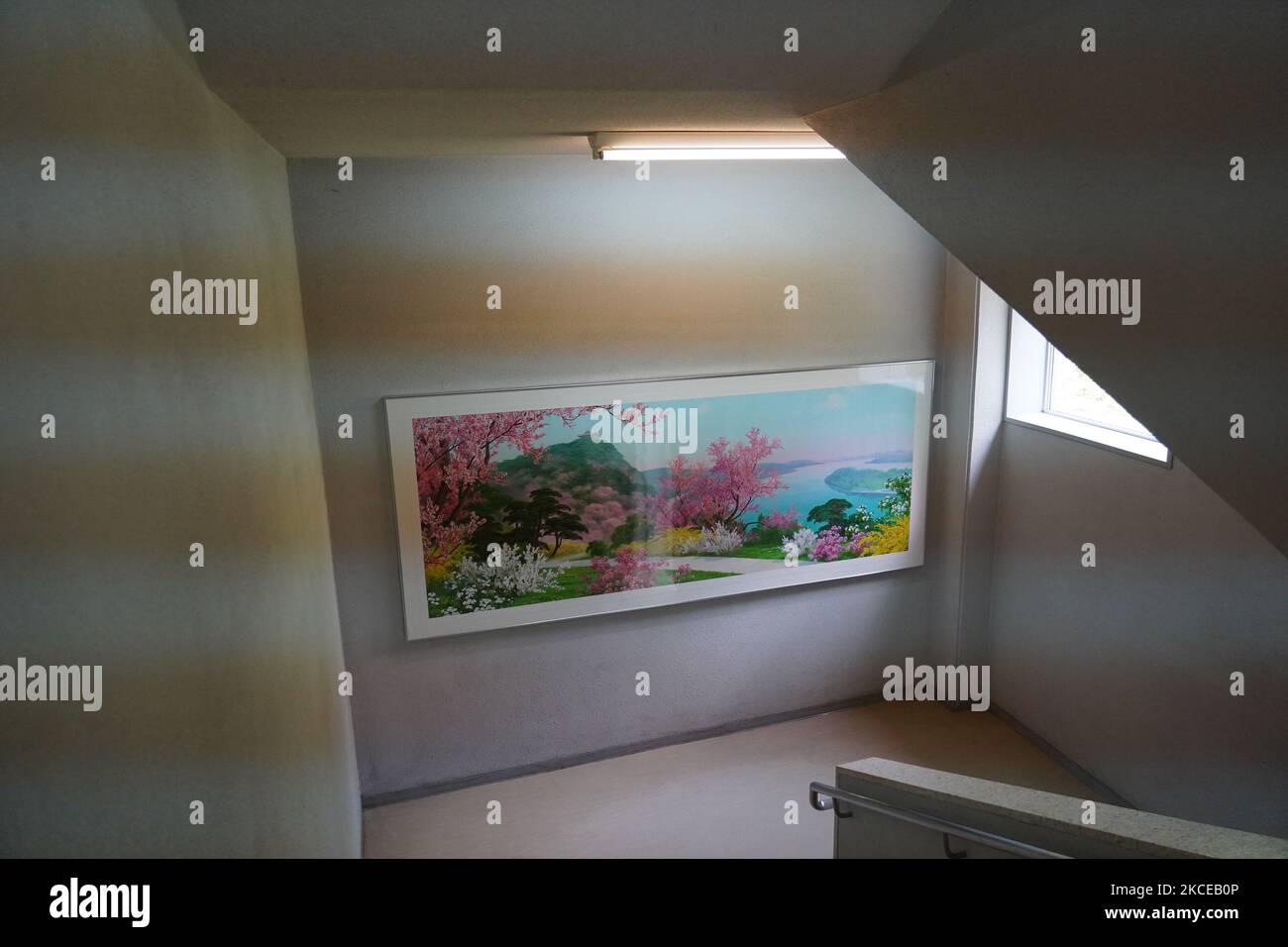 A painting of a spring Pyongyang scenery hang on a wall in stairs at ...
