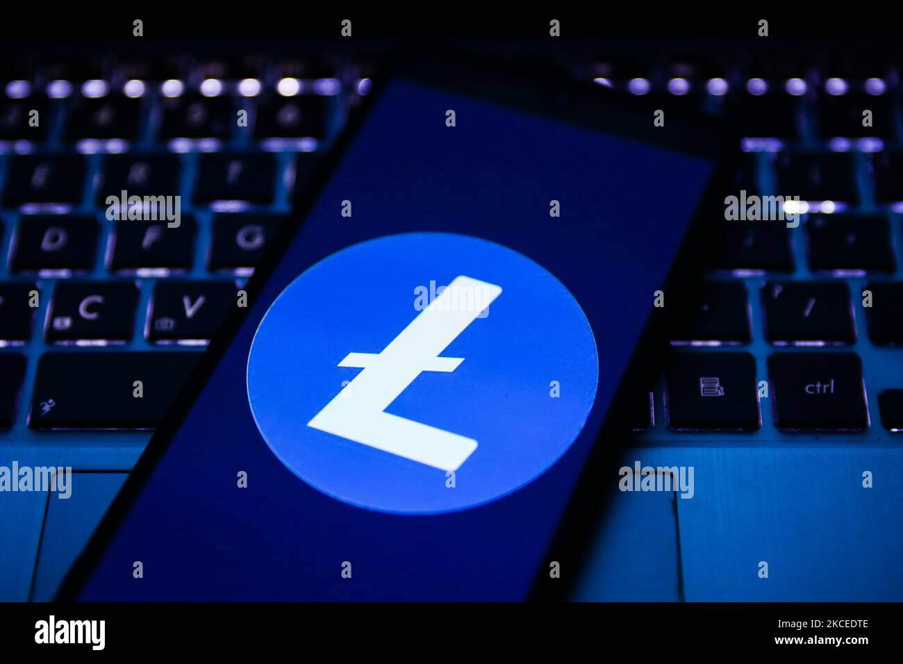 Litecoin cryptocurrency logo is displayed on a mobile phone screen ...