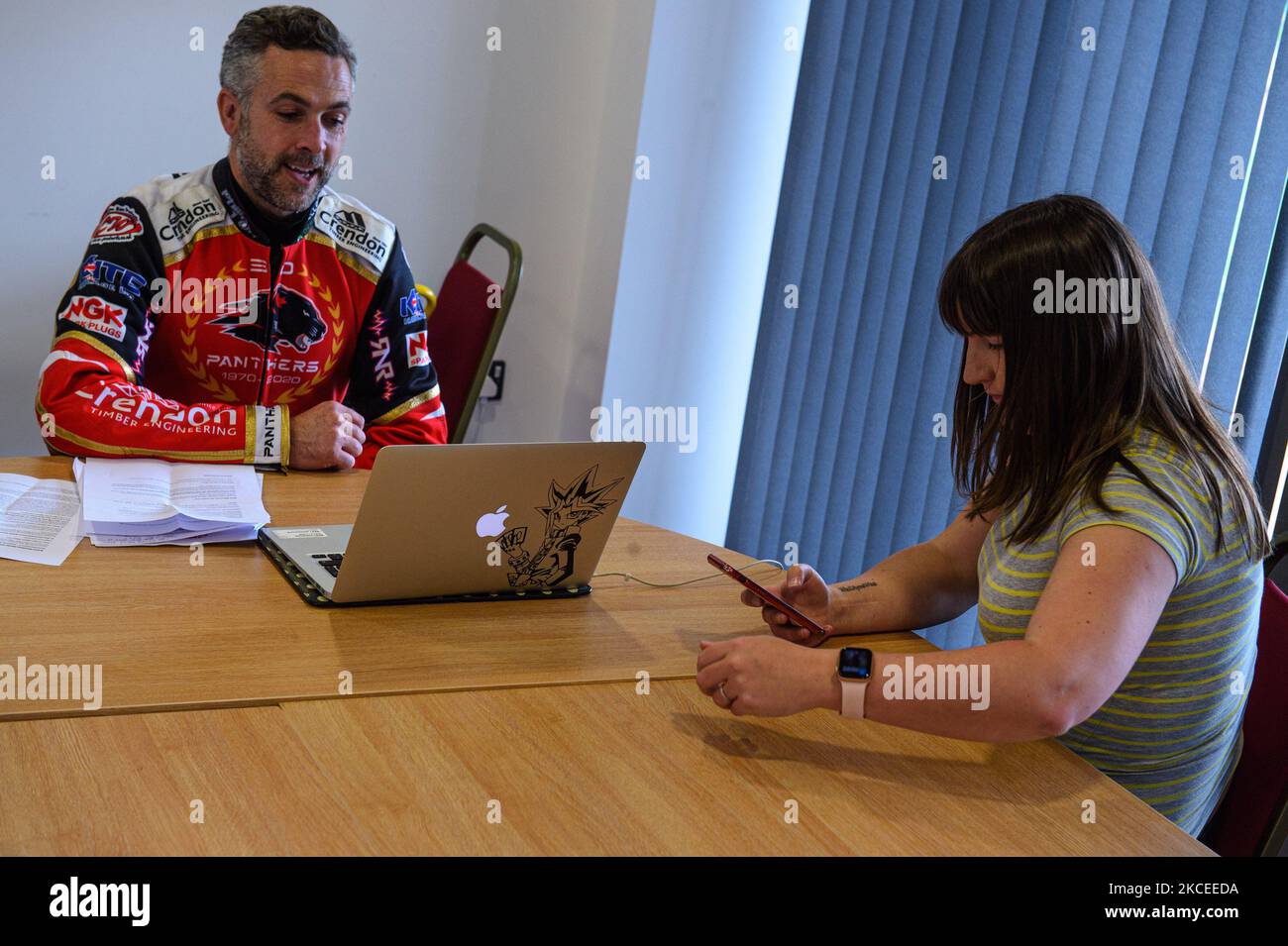 Scott Nichols (l) chats on the Zoom Call whilst Belle Vue Press Officer ...
