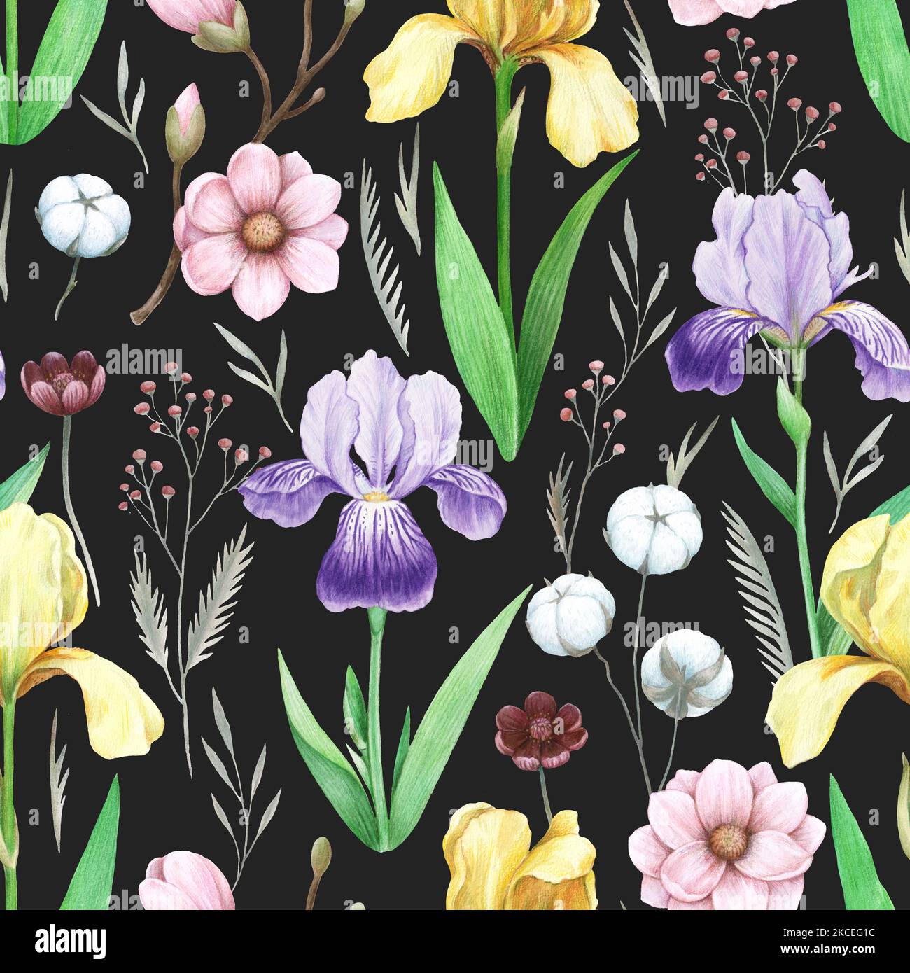 Watercolor magnolia and iris flowers seamless pattern. Hand drawn ...
