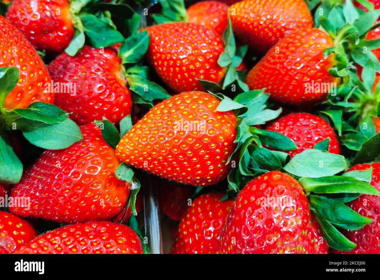 Fresh strawberries are photographed at a grocery store Krakow, Poland ...