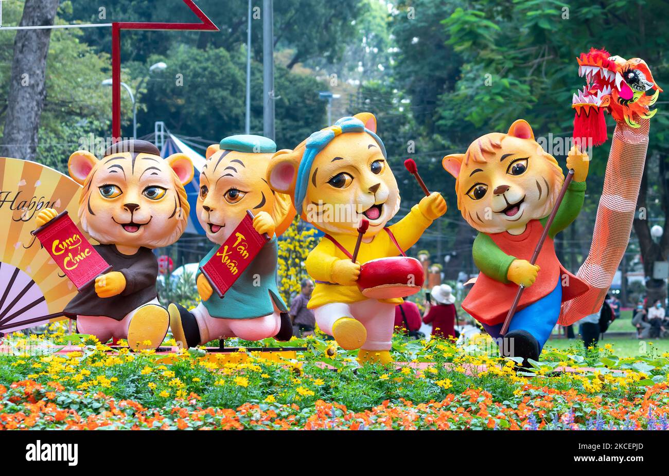 Tiger symbol decorated in Tao Dan park morning Lunar New Year at ...