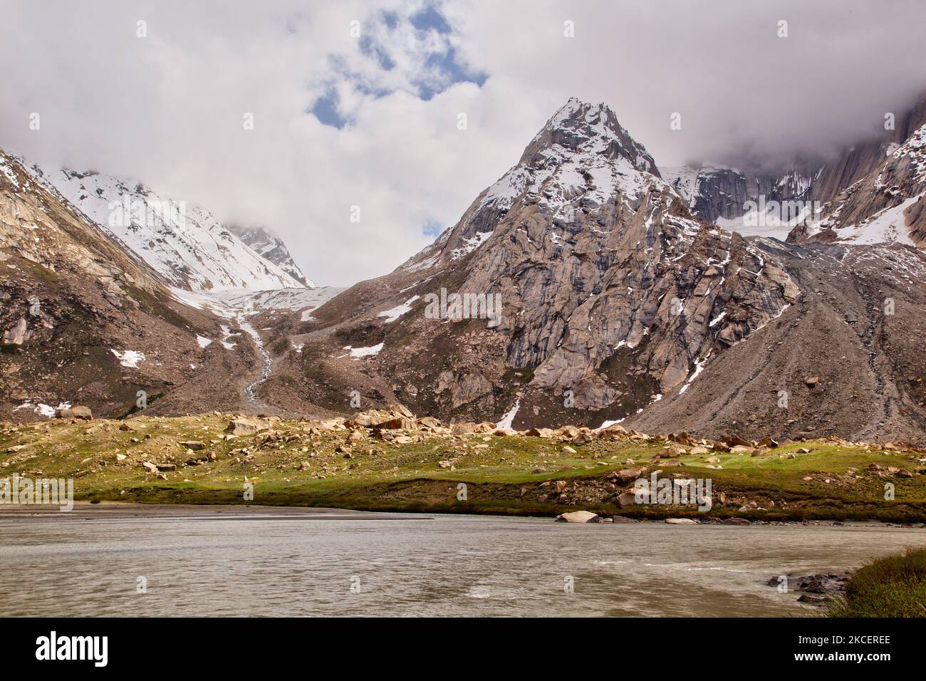 Himalayan mountains surround glacial lake in a remote valley in Zanskar ...