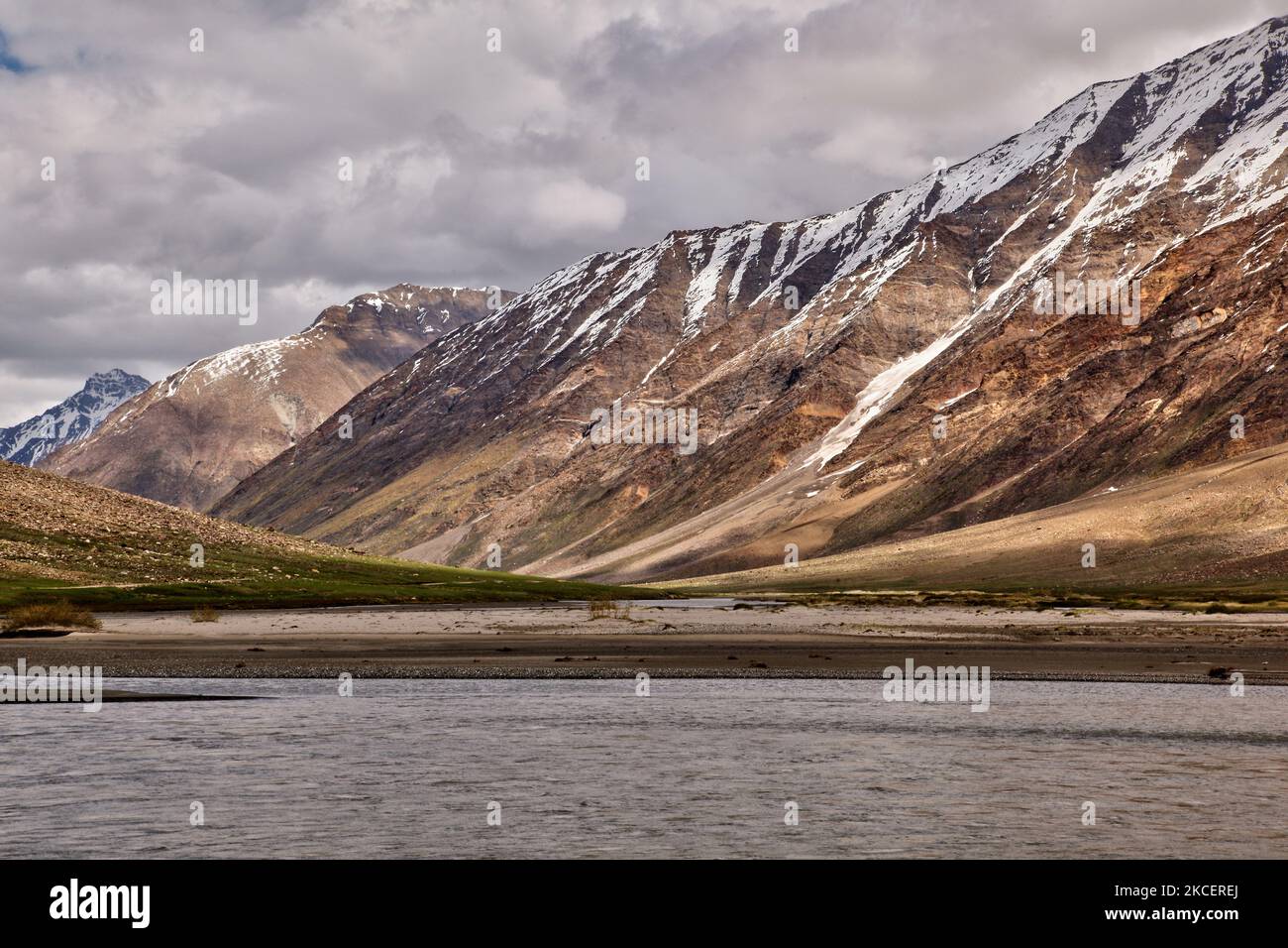 Himalayan mountains surround glacial lake in a remote valley in Zanskar ...