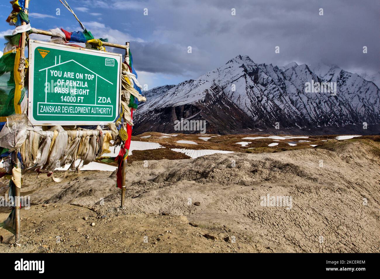 Sign at the top of the Panzila pass (Panjila pass) in the Suru Valley ...