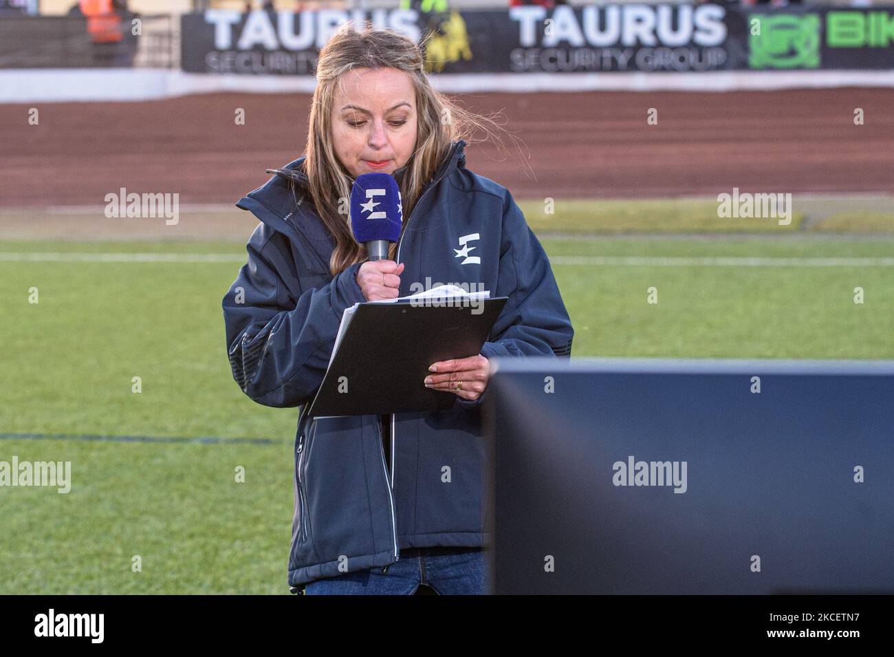 Eurosport presenter Abi Stephens during the SGB Premiership match ...