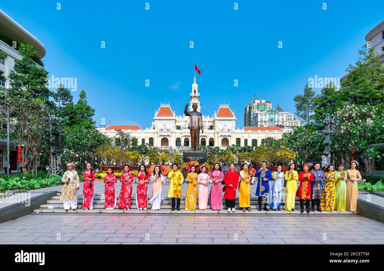 Singers sing on an outdoor stage on flower street to serve Lunar New ...