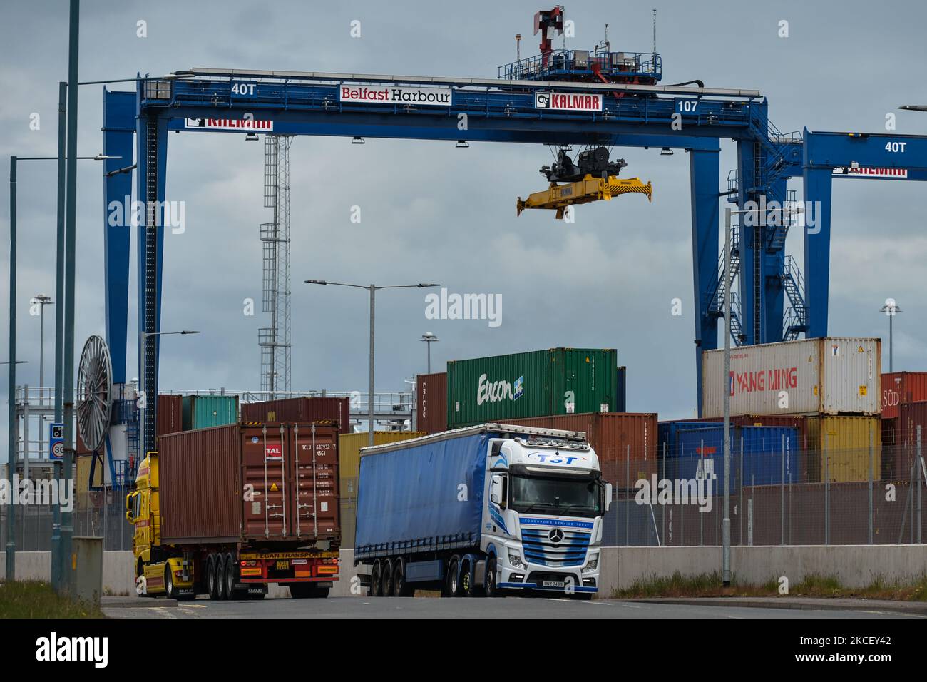 Lorries seen next to the container terminal in Belfast Port. On ...