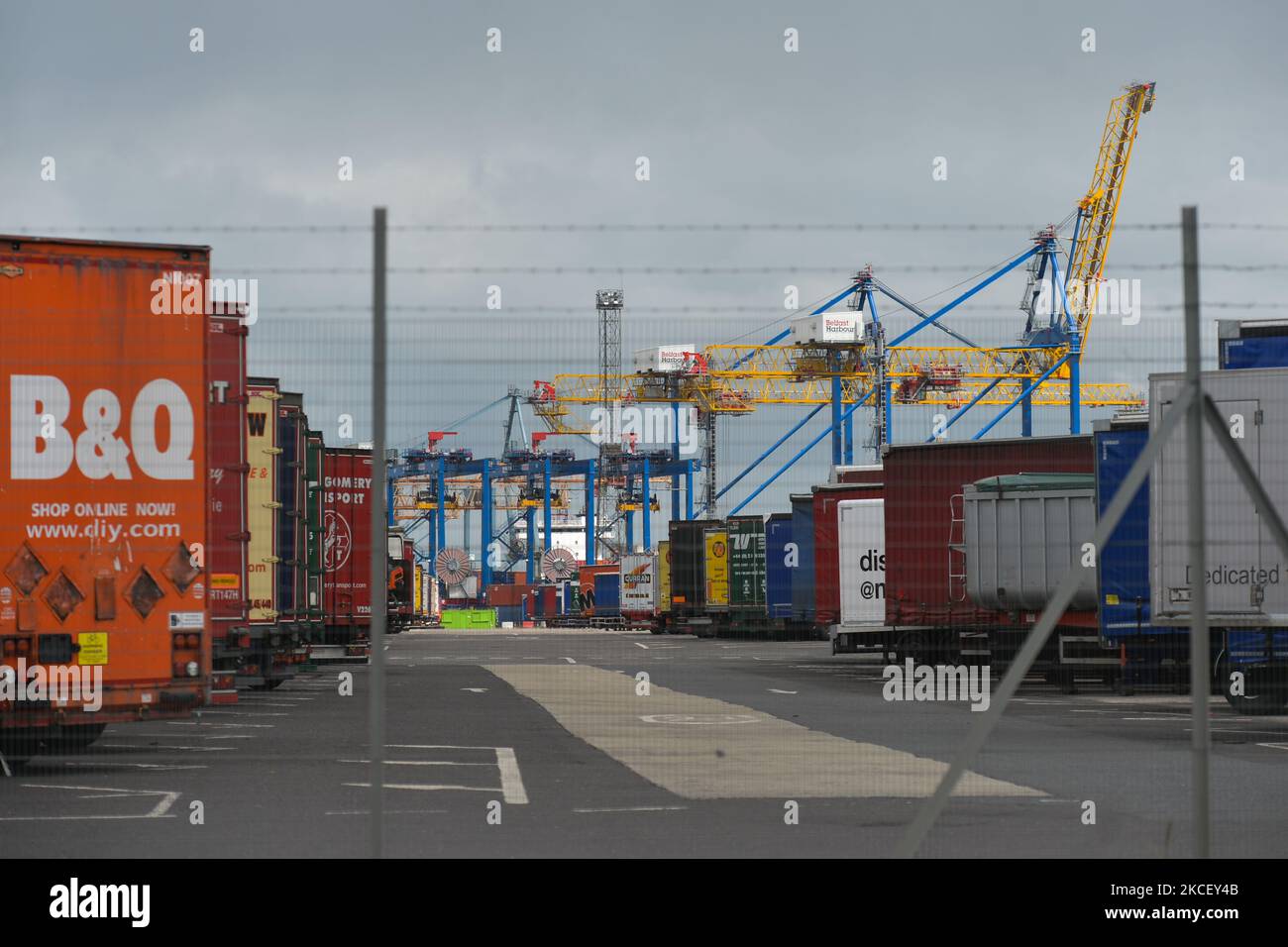 A general view of lorries waiting in the container terminal in Belfast ...