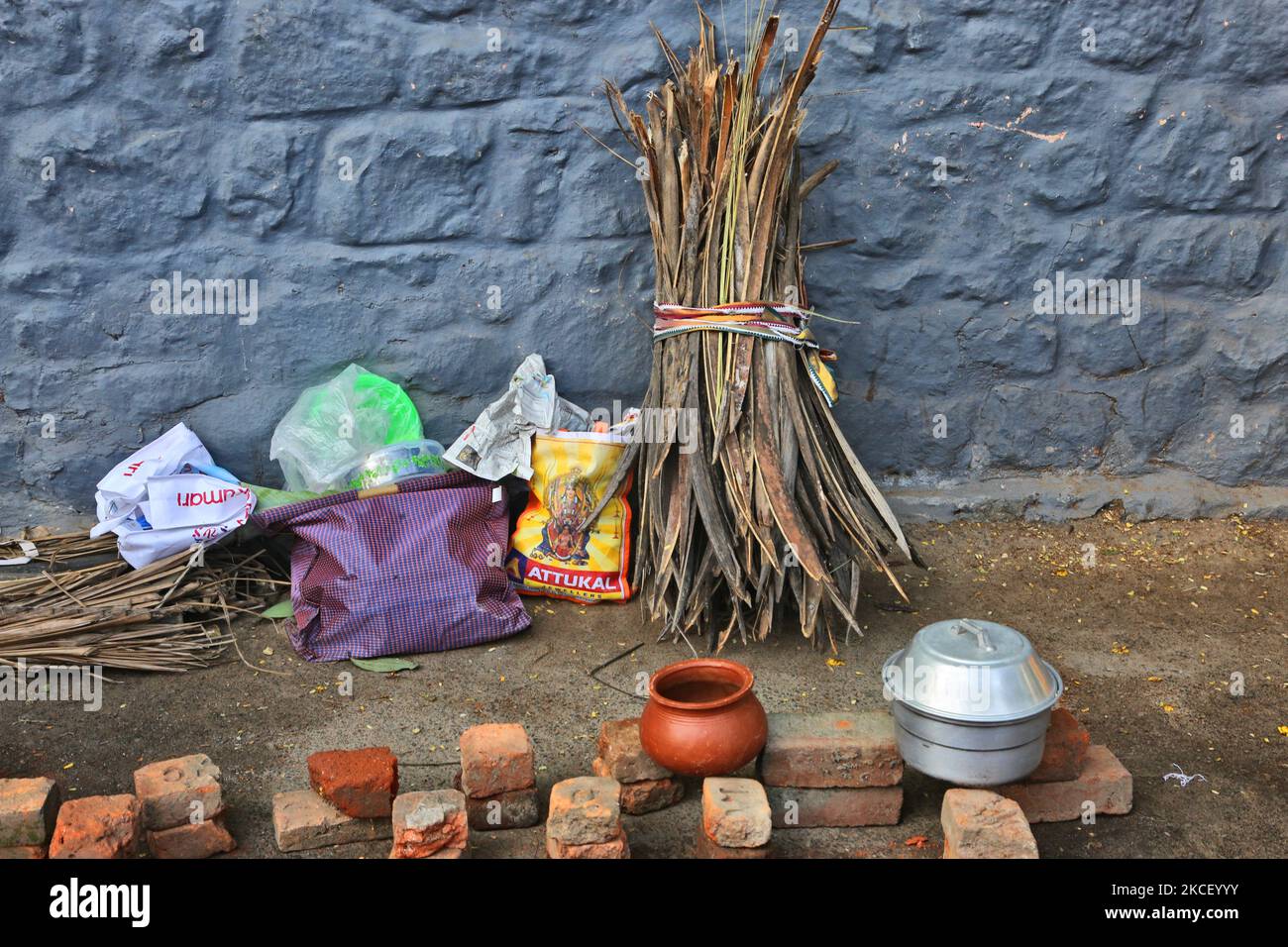 Bundle of dried coconut flower sheaths (kothumbu) to be used as fuel ...