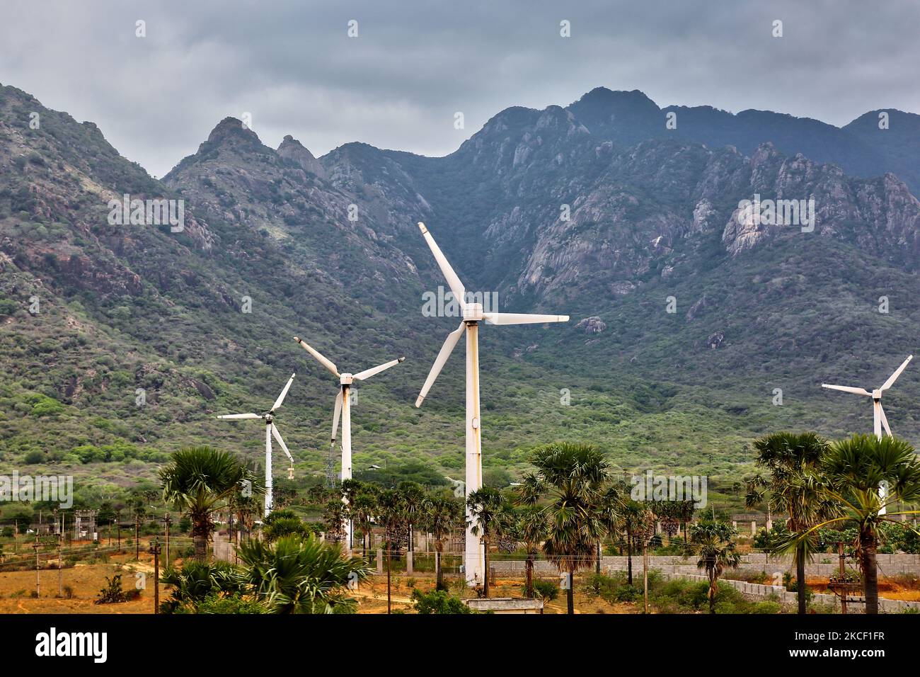 Wind turbines generate electricity in Kavalkinaru, Tamil Nadu, India ...