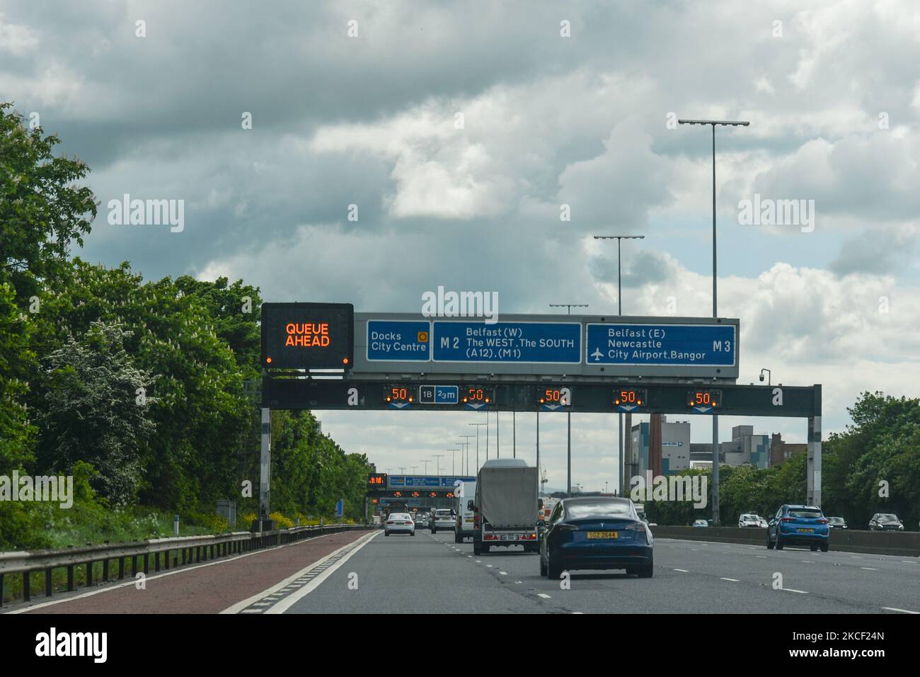 A message 'Queue Ahead' seen on a board on the M2 motorway in Belfast ...