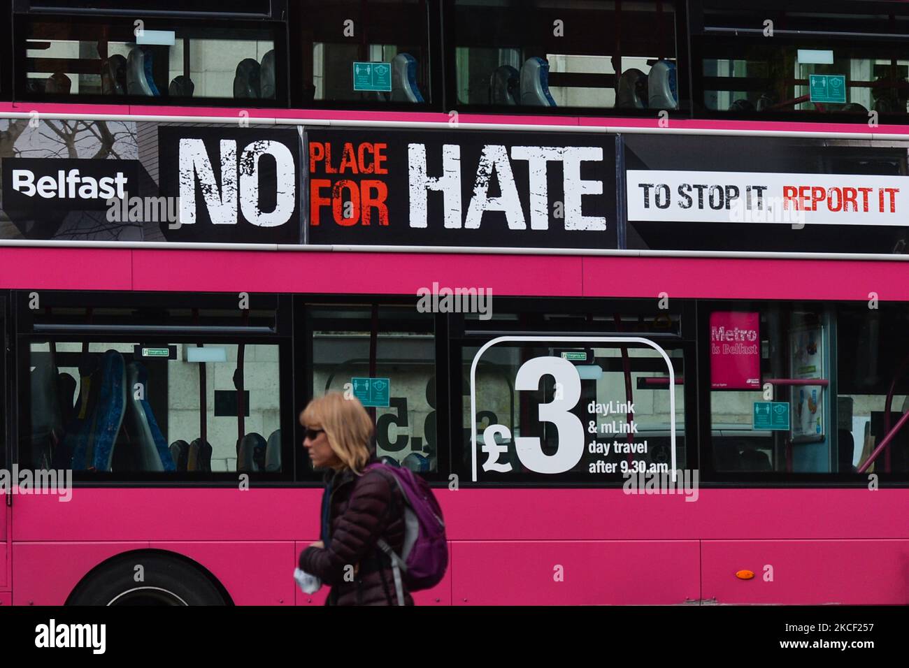No Place For Hate message seen on Belfast pink bus. On Wednesday, May ...