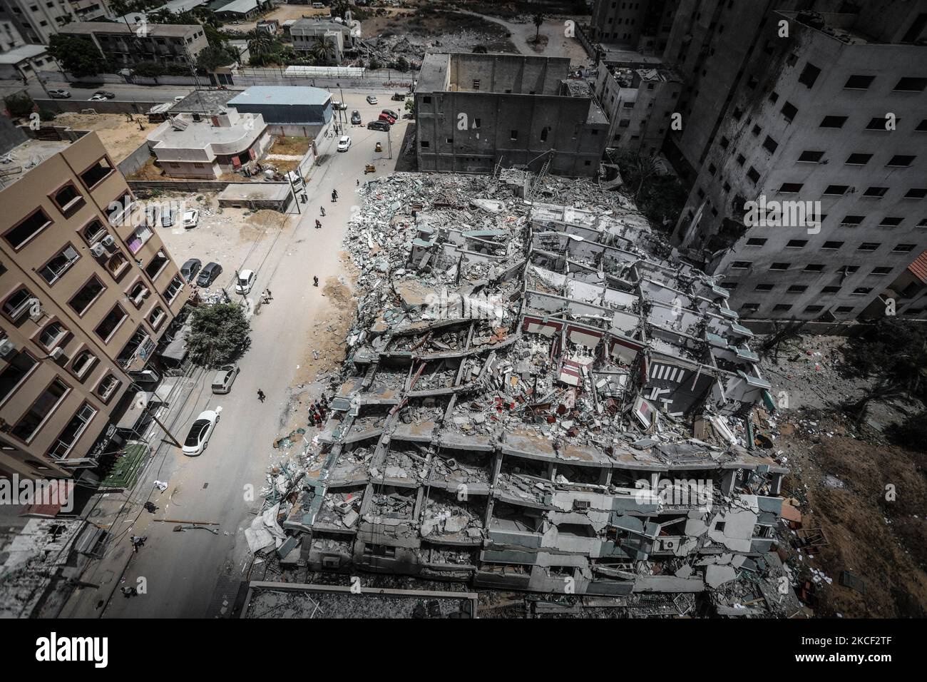 A view from above shows the Al-Jalaa Tower in Gaza City, that was ...