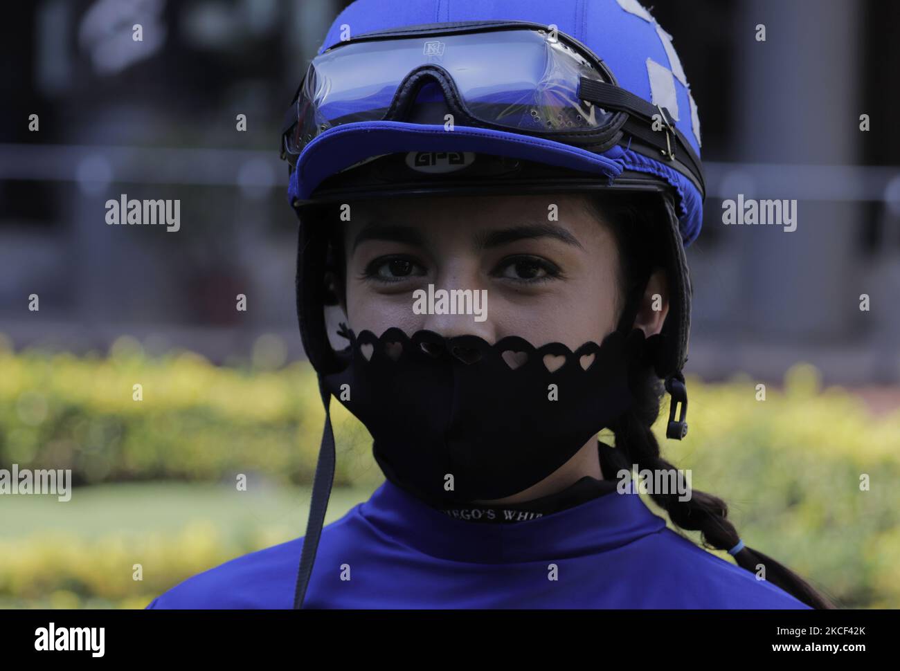 Jazmín Larios, jockey, in the saddling area at the Hipódromo de Las ...