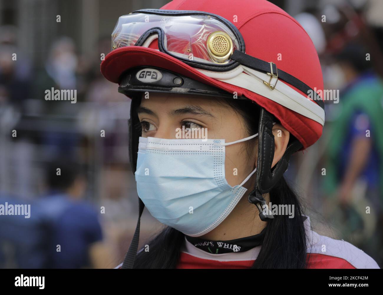 Alejandra Luna, jockey, in the saddling area at the Hipódromo de Las ...