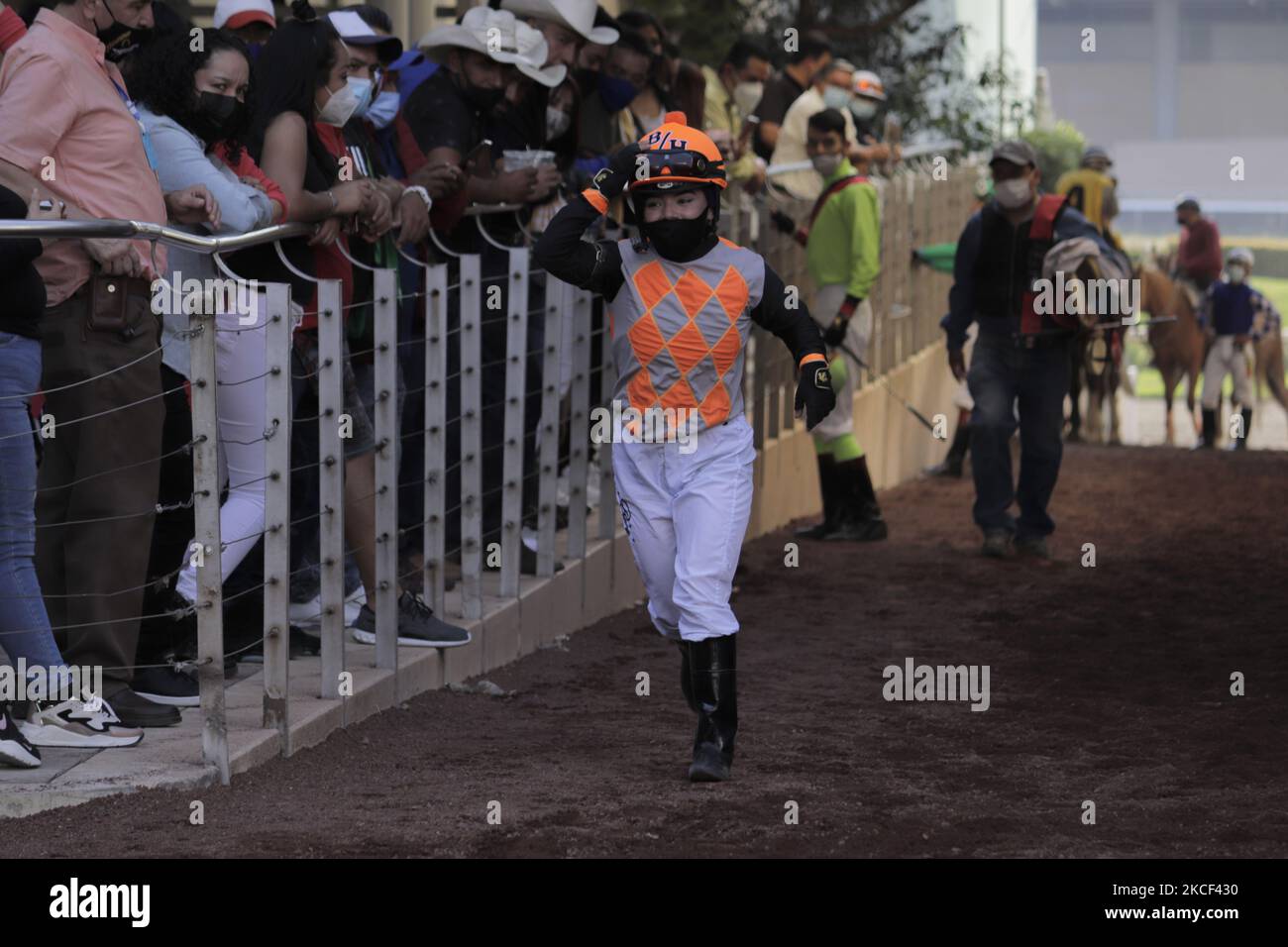 Brenda Silvina Hernández, jockey, in the saddling area at the Hipódromo ...
