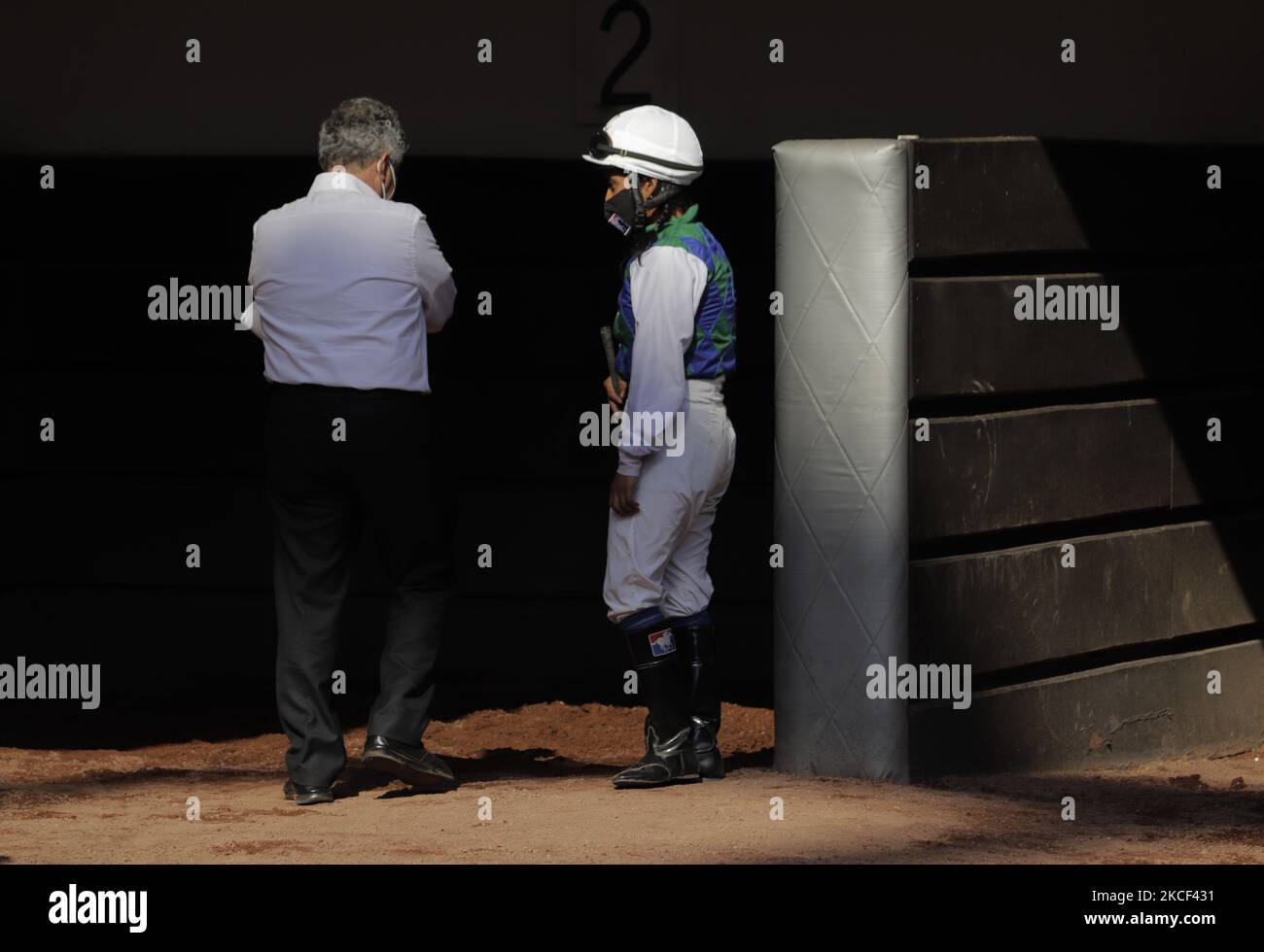 Mari Gil, jockey, in the saddling area of the Hipódromo de Las Américas ...
