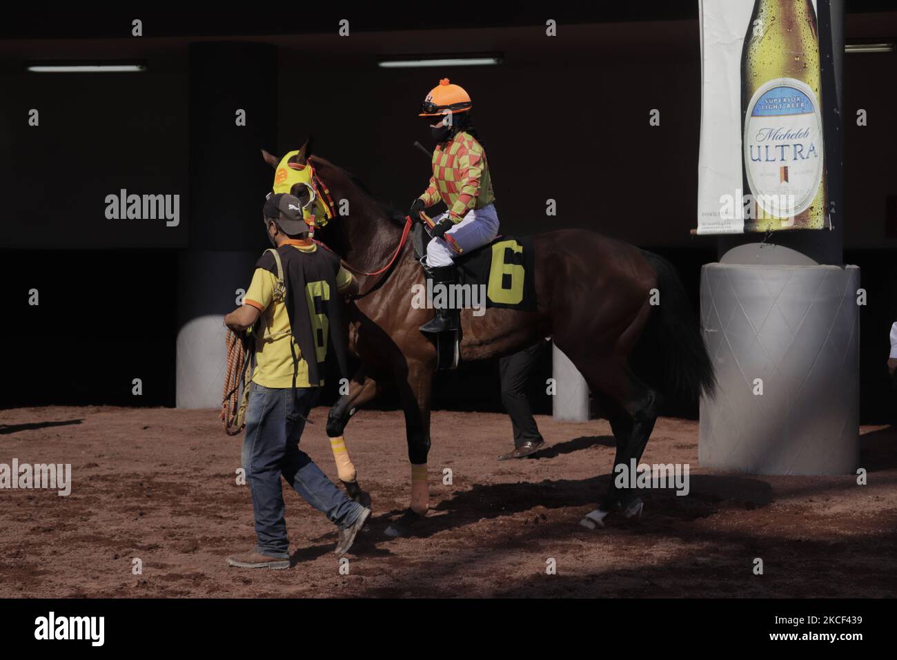 Brenda Silvina Hernández, jockey, in the saddling area at the Hipódromo ...