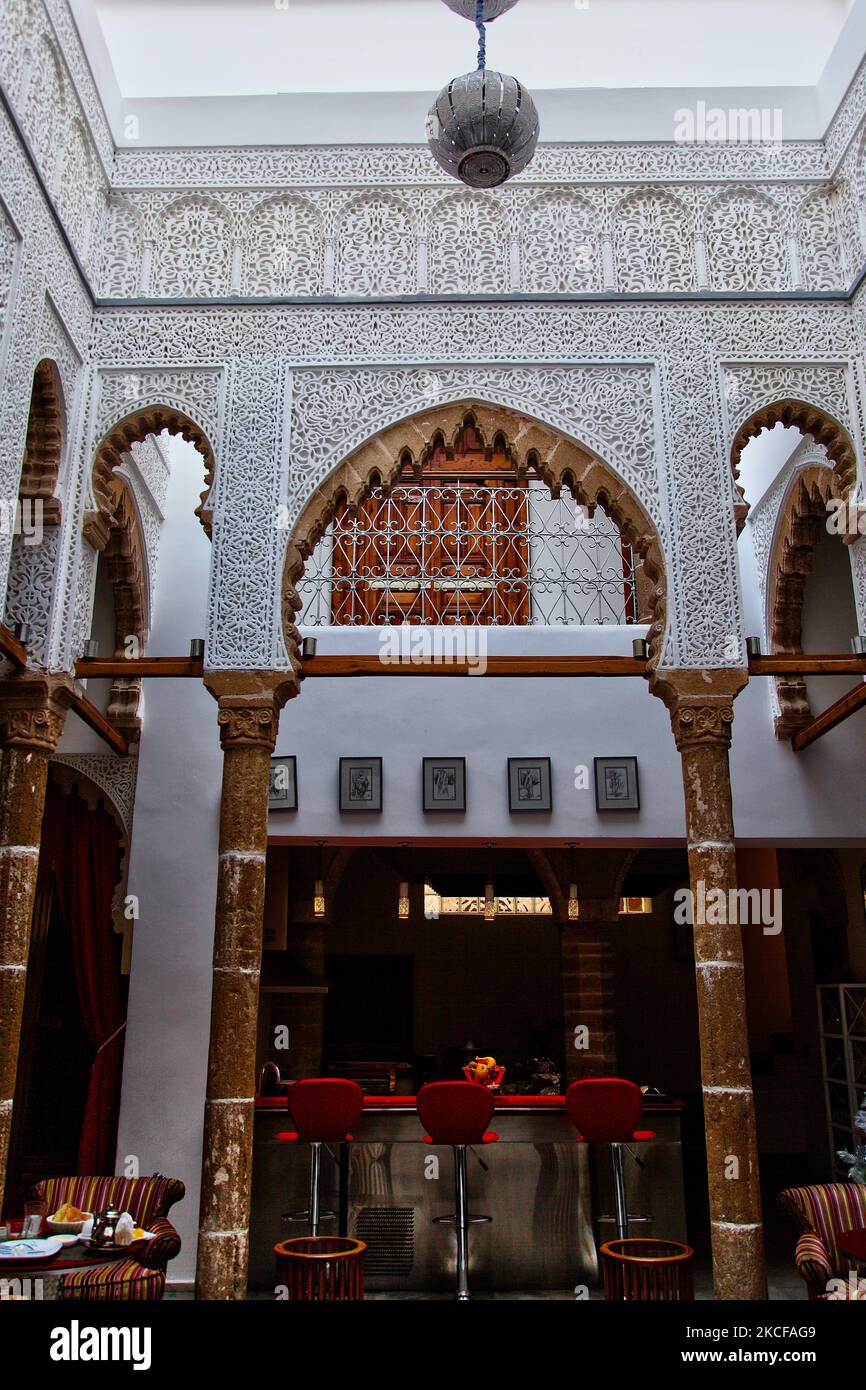 Traditional decor in an old building in the medina (old city) of Rabat ...