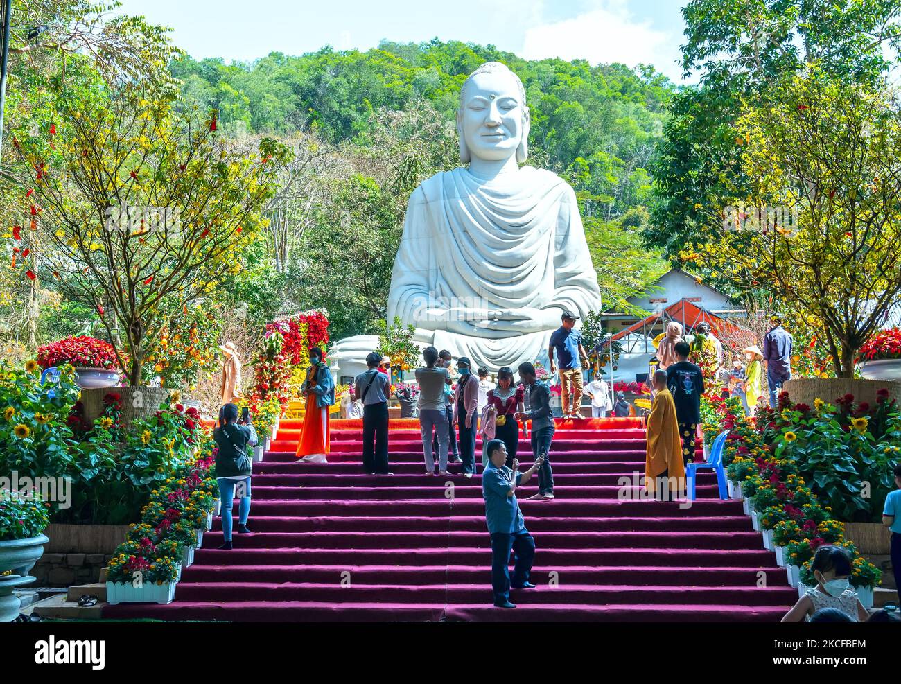Statue Buddha meditating in front of Phat Quang pagoda moring. This is ...