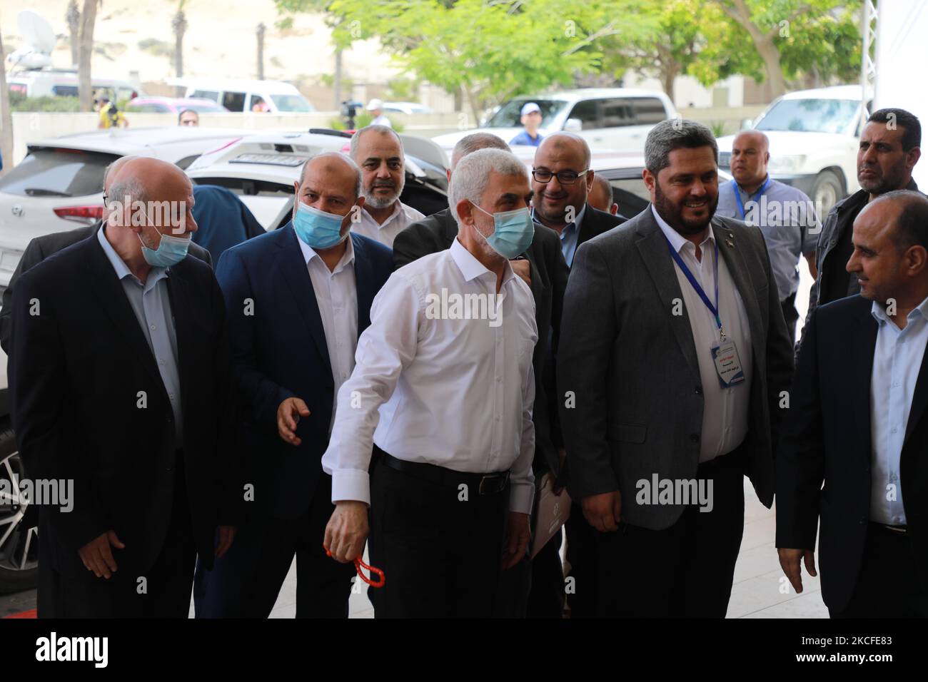 Yahya Sinwar (C), Hamas' political chief in Gaza, arrives for a meeting ...