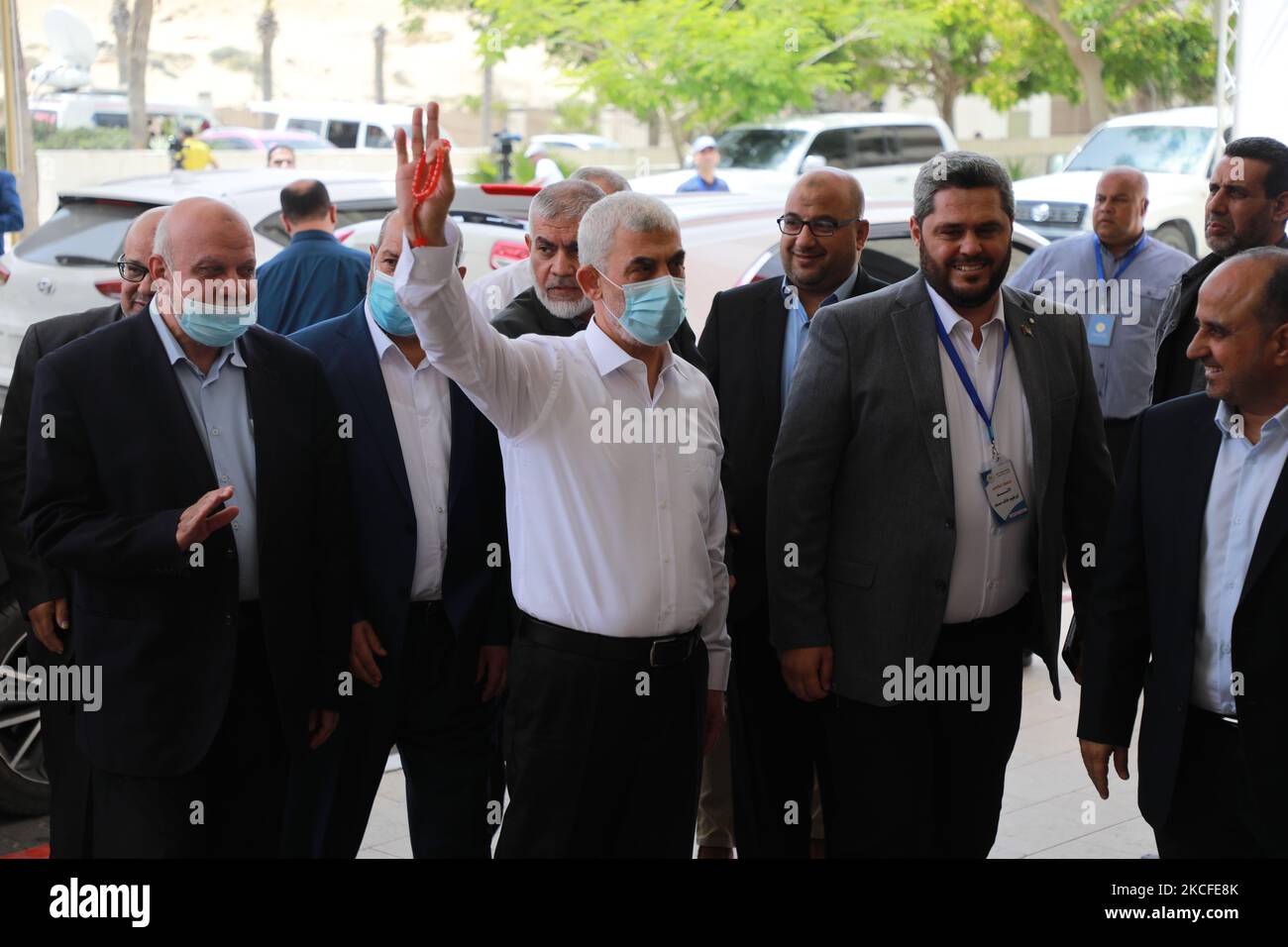 Yahya Sinwar (C), Hamas' political chief in Gaza, arrives for a meeting ...