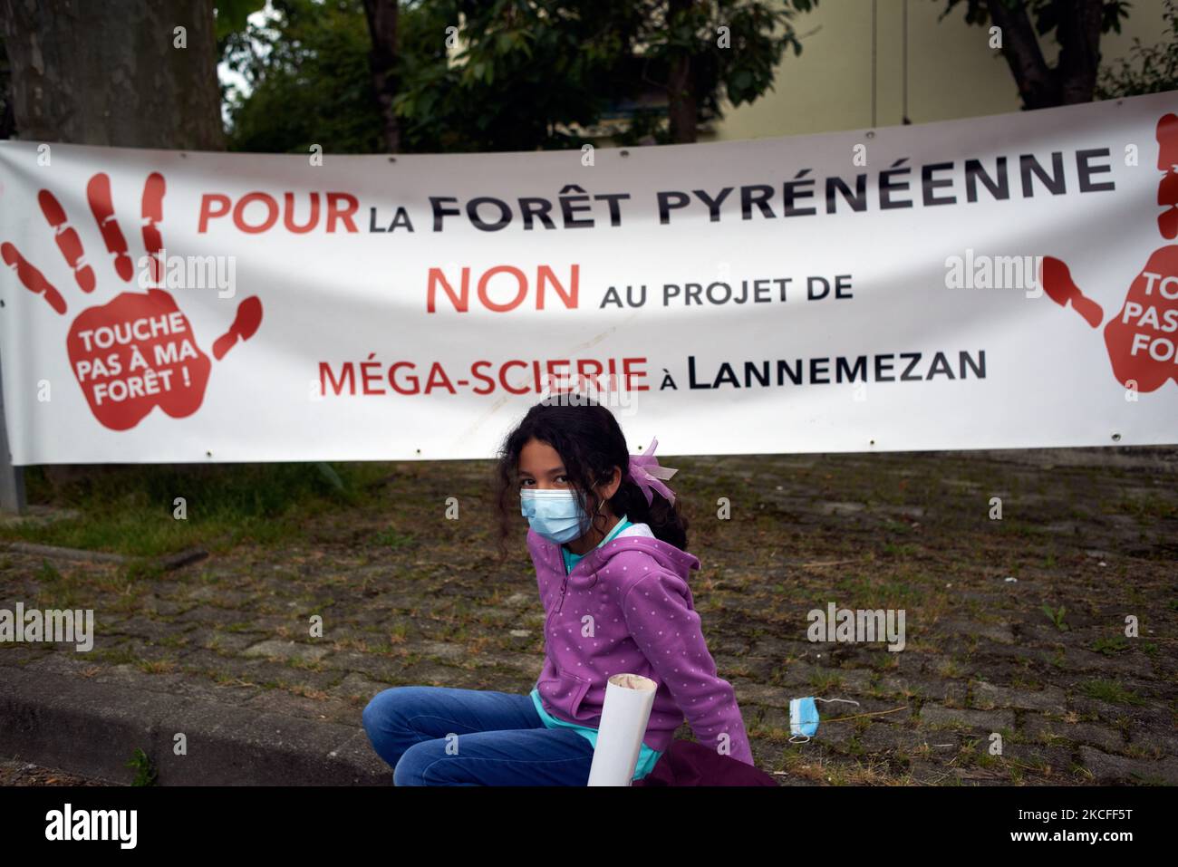 The banner reads 'For the Pyrenean forest, no the mega sawmill project ...